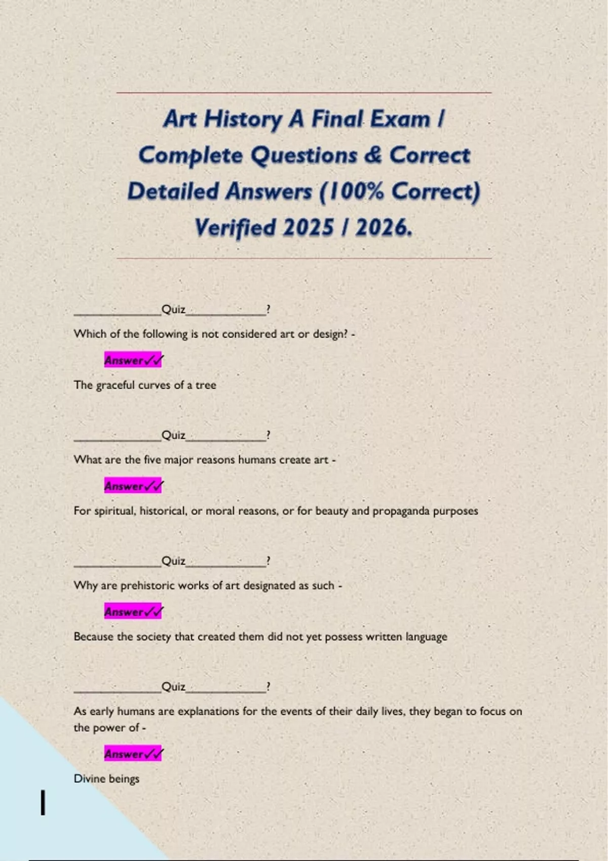 Art History A Final Exam / Complete Questions & Correct Detailed ...
