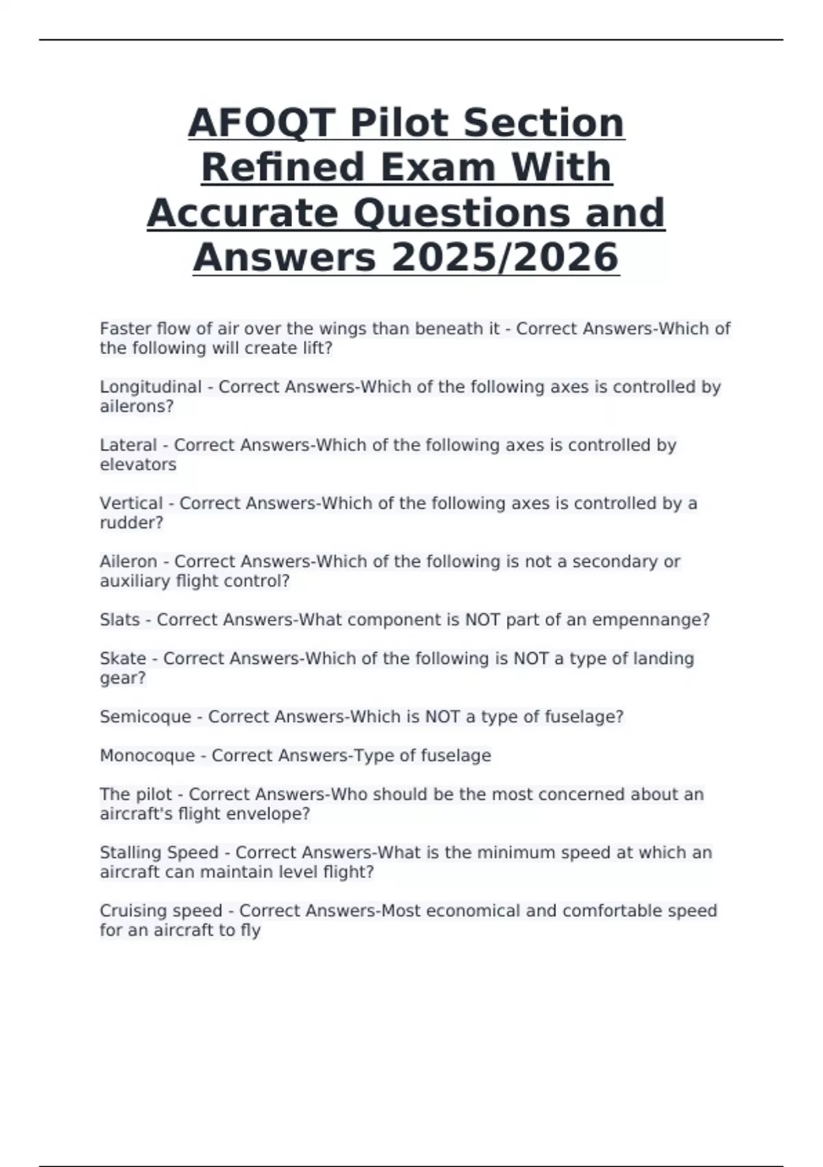 AFOQT Pilot Section – Refined Exam with Accurate Questions and Answers ...