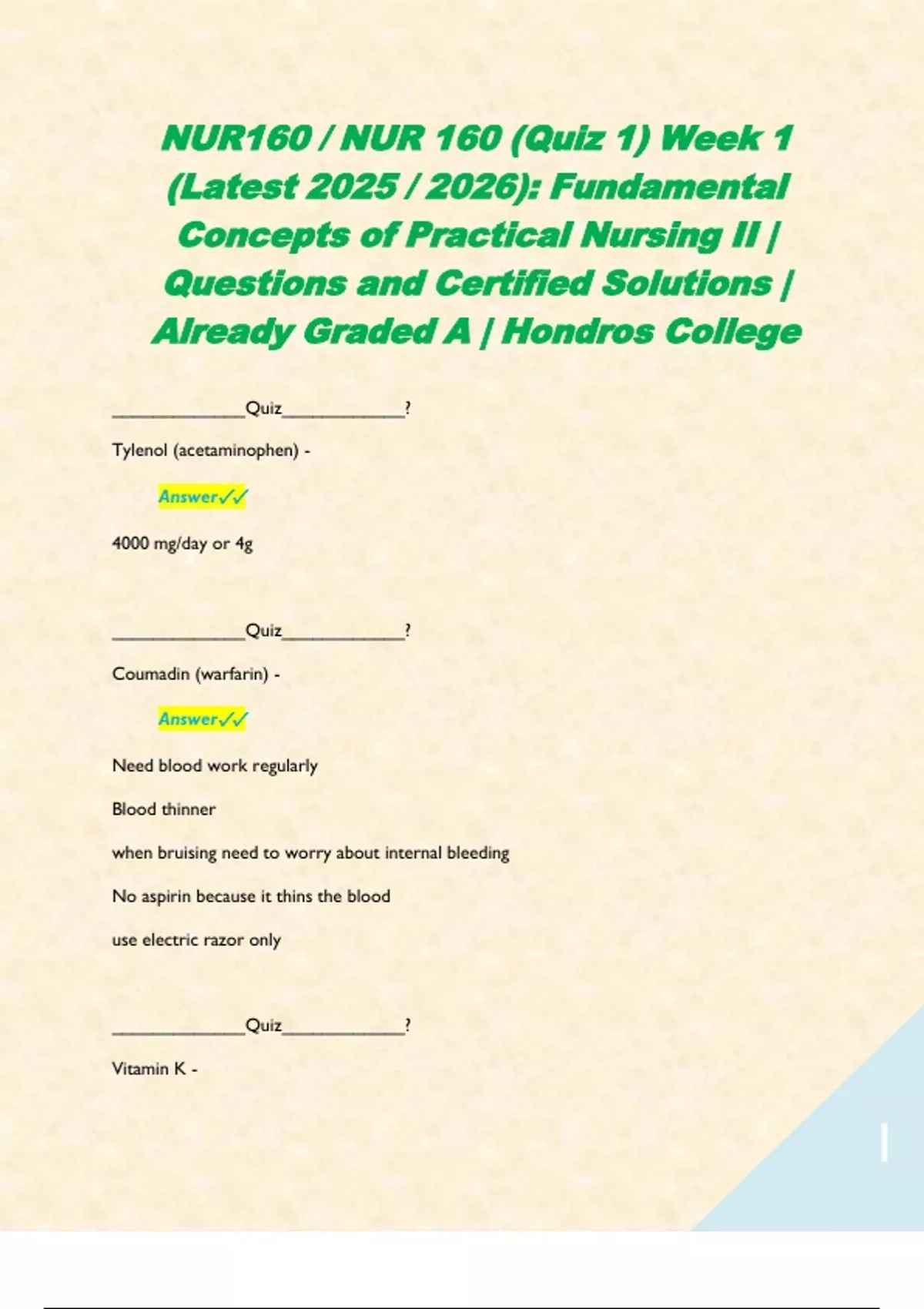 NUR160 / NUR 160 (Quiz 1) Week 1 (Latest 2025 / 2026): Fundamental ...