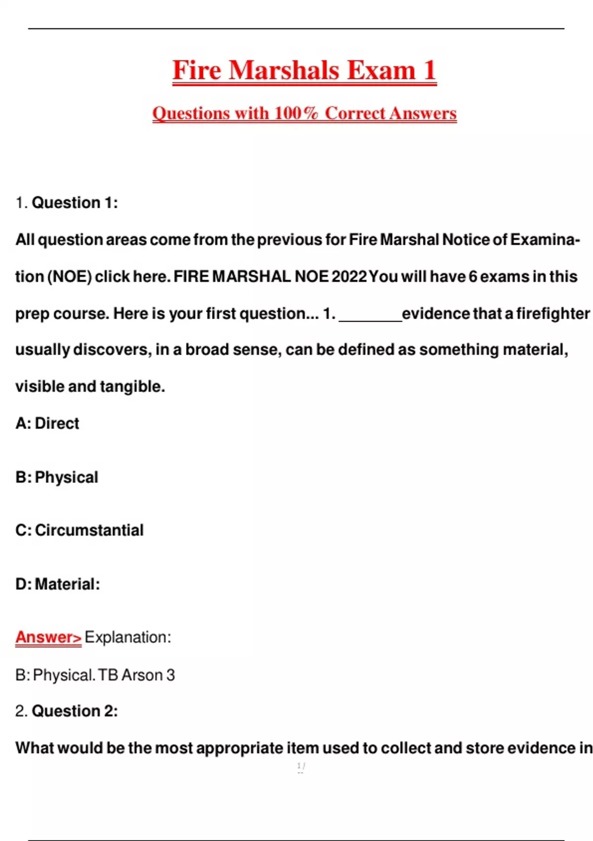 Fire Marshals Exam 1 Questions with 100% Correct Answers Pass the Exam ...