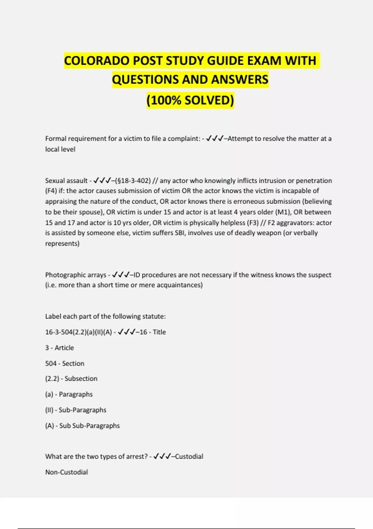 Colorado POST Study Guide – Exam Q&A (100% Verified Solutions) 2025/ ...
