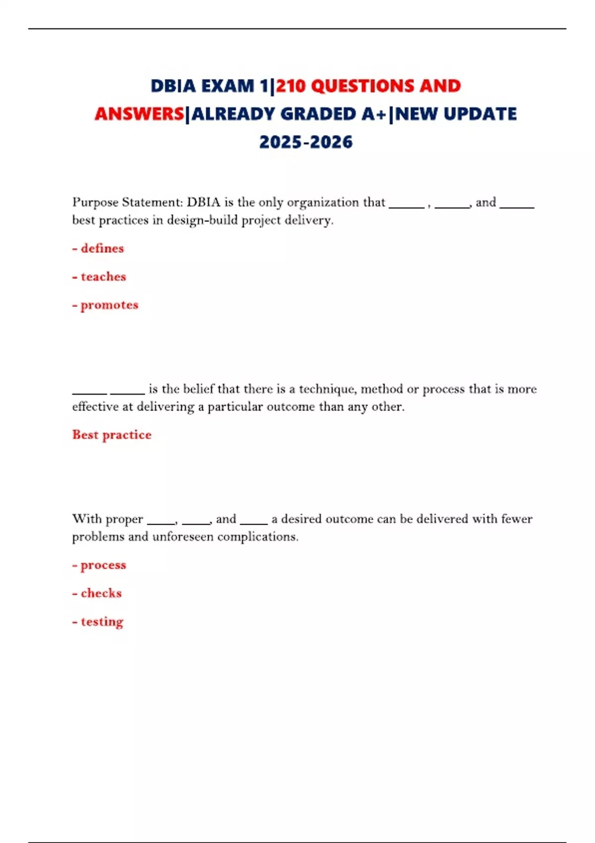 DBIA EXAM 1|210 QUESTIONS AND ANSWERS|ALREADY GRADED A+|NEW UPDATE - DBIA - Stuvia US