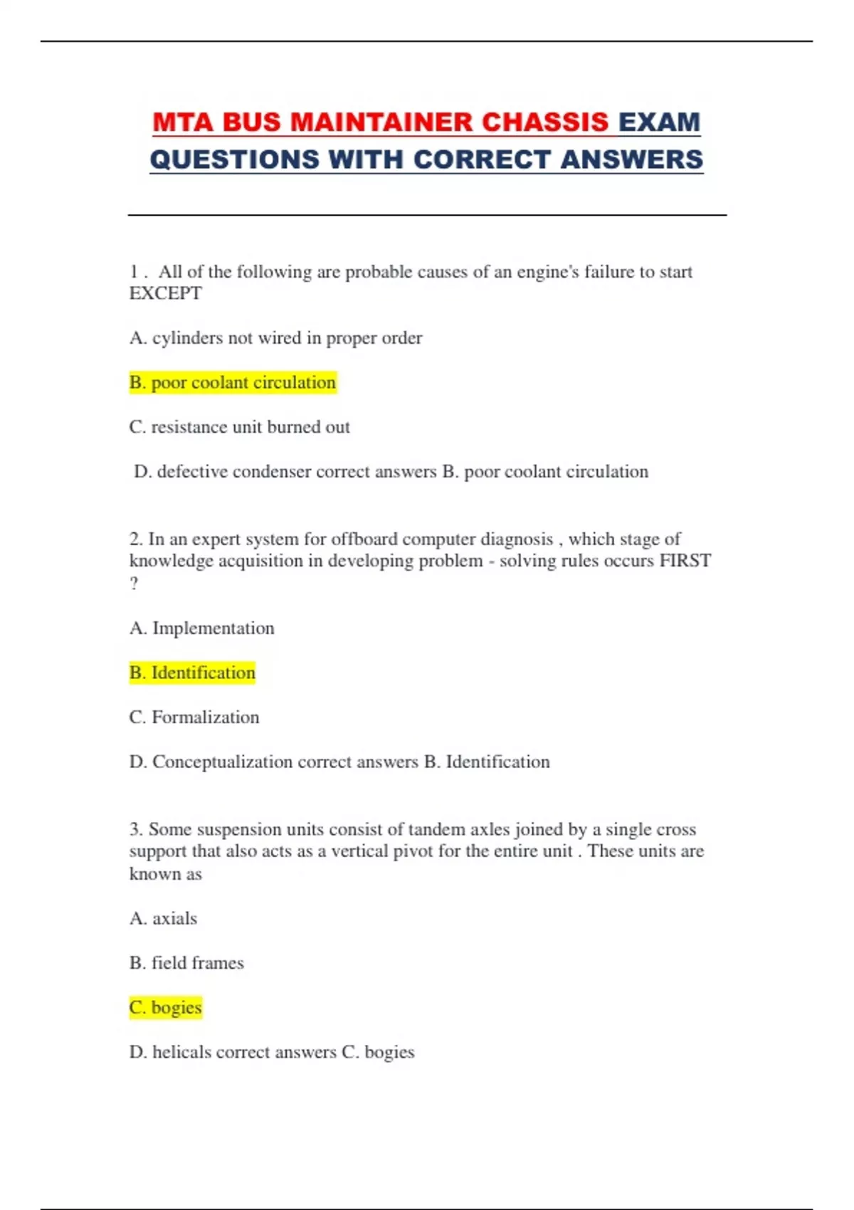 MTA Bus Maintainer Chassis Exam – Practice Questions with Correct ...