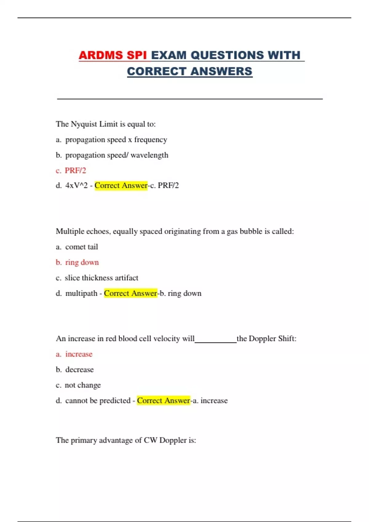 ARDMS SPI Exam – Complete Practice Questions with Correct Answers - ARDMS SPI - Stuvia US