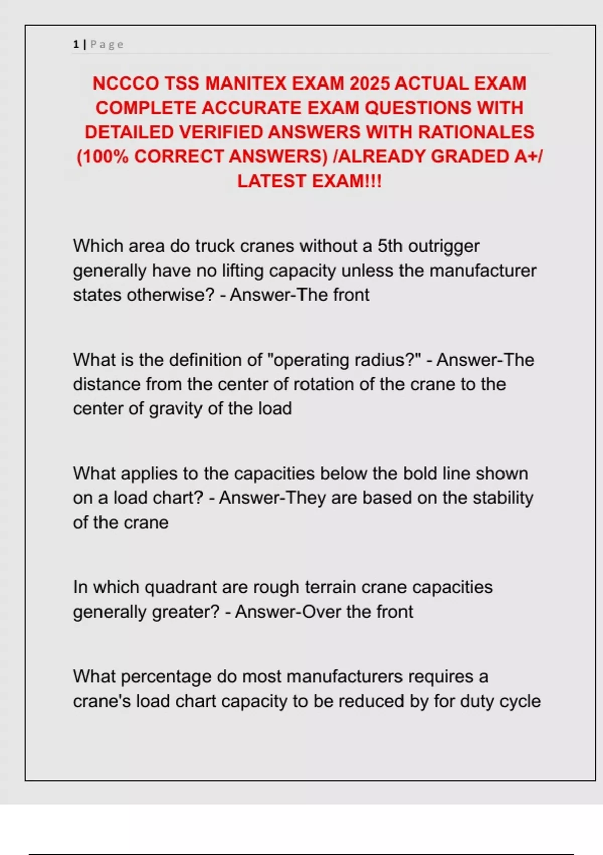 NCCCO TSS MANITEX EXAM 2025 ACTUAL EXAM COMPLETE ACCURATE EXAM QUESTIONS WITH DETAILED VERIFIED ...