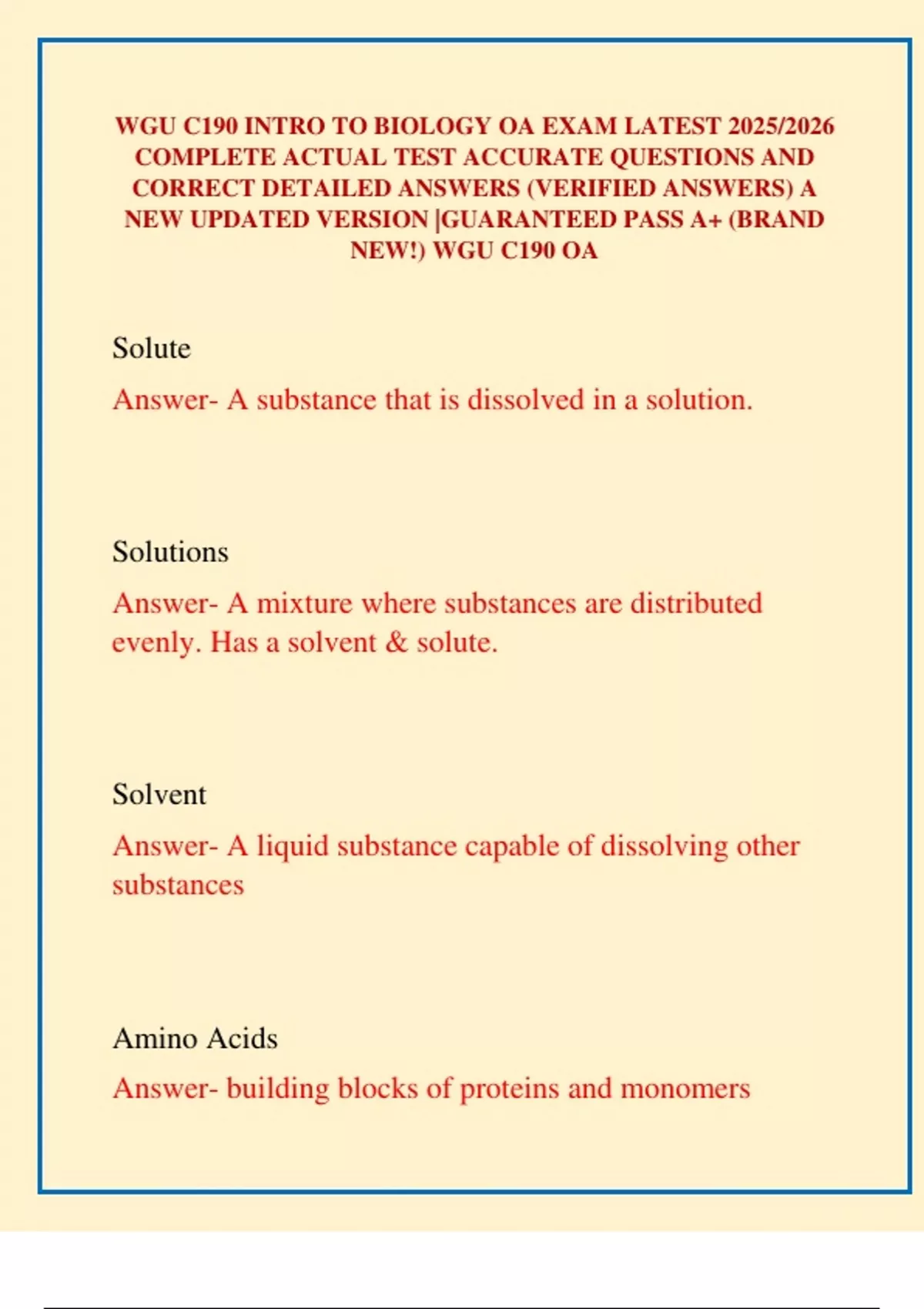 WGU C190 INTRO TO BIOLOGY OA EXAM LATEST 2025/2026 COMPLETE ACTUAL TEST ...
