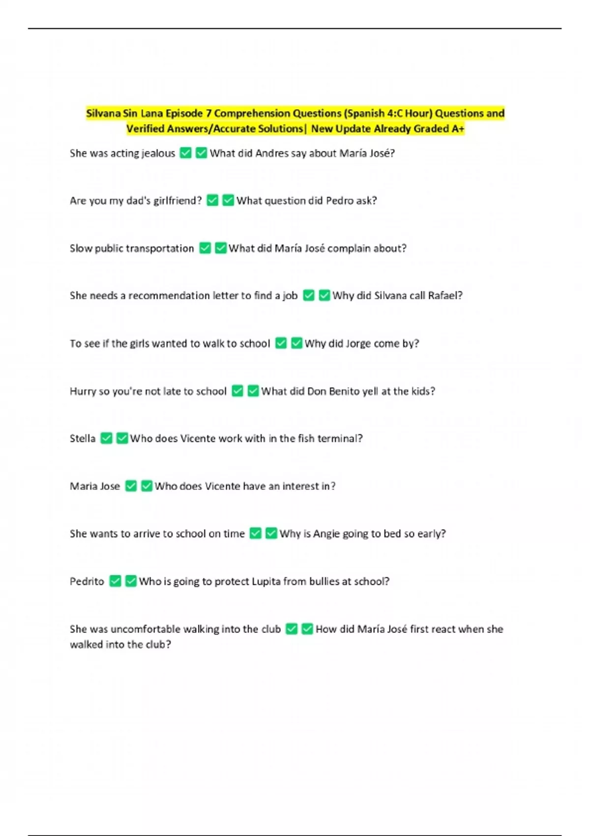 Silvana Sin Lana Episode 7 Comprehension Questions (Spanish 4:C Hour ...