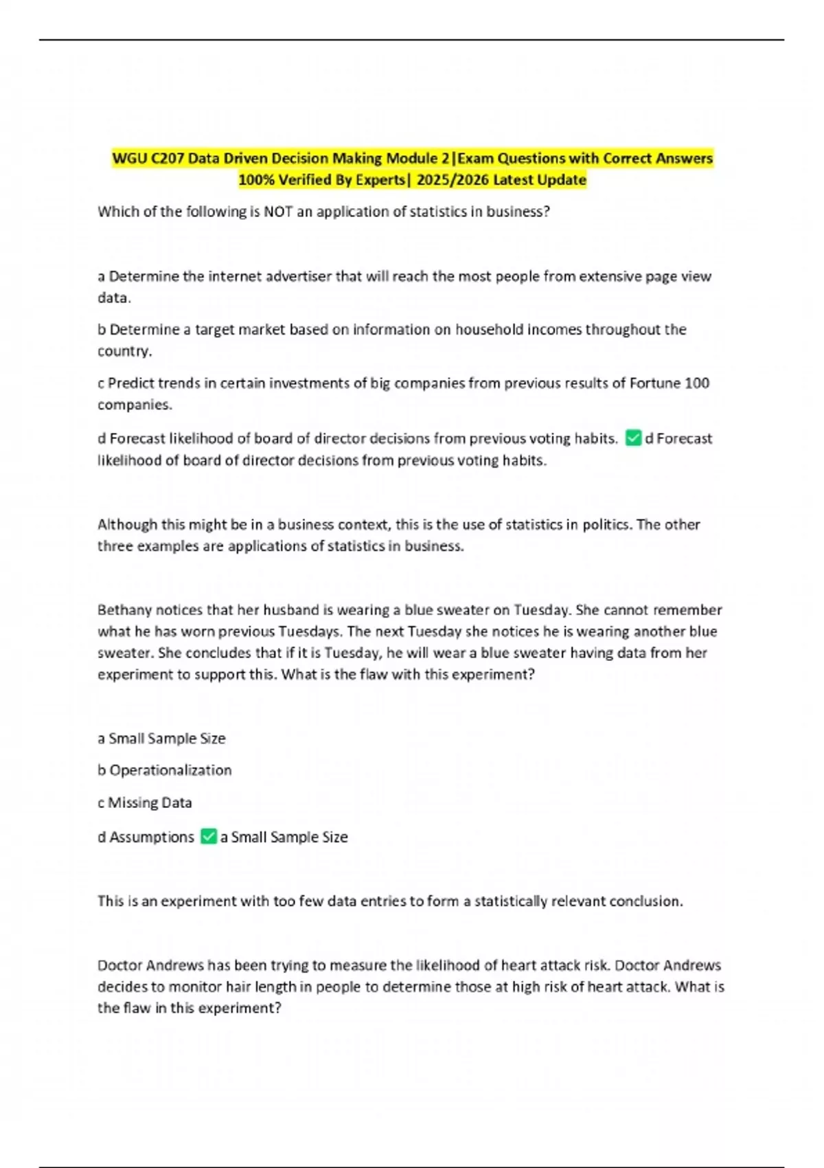 WGU C207 Data Driven Decision Making Module 2|Exam Questions with Correct Answers 100% Verified ...