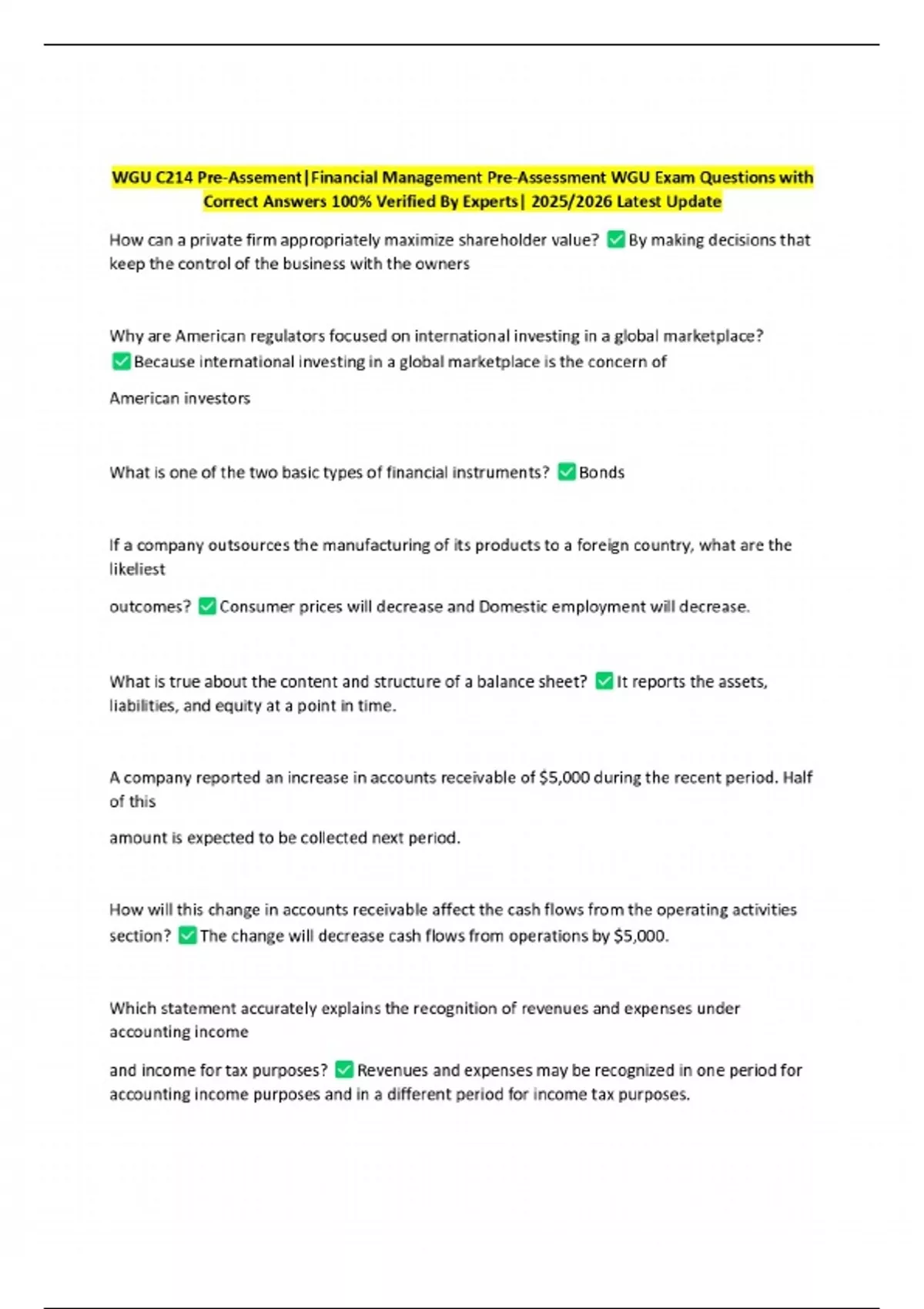 WGU C214 Pre-Assement|Financial Management Pre-Assessment WGU Exam Questions with Correct ...