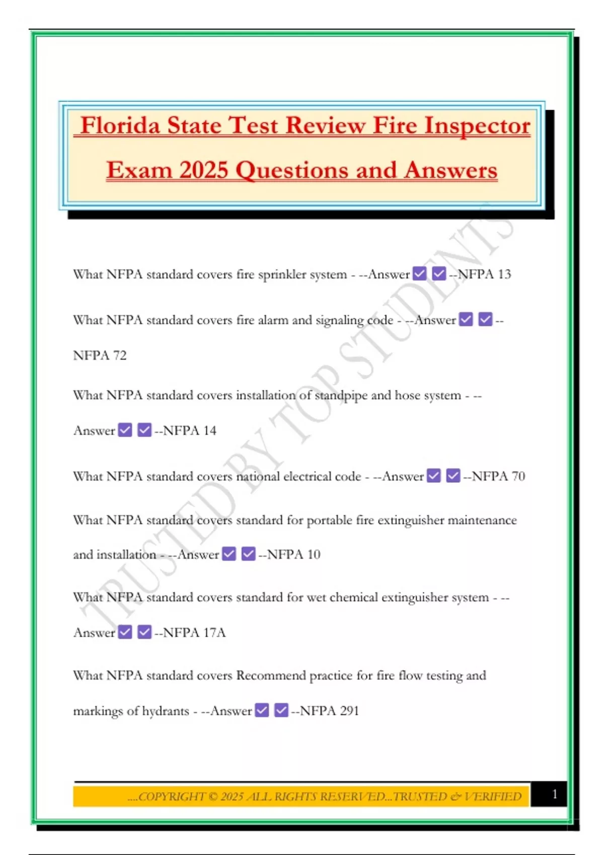 Florida State Test Review Fire Inspector Exam 2025 Questions and ...