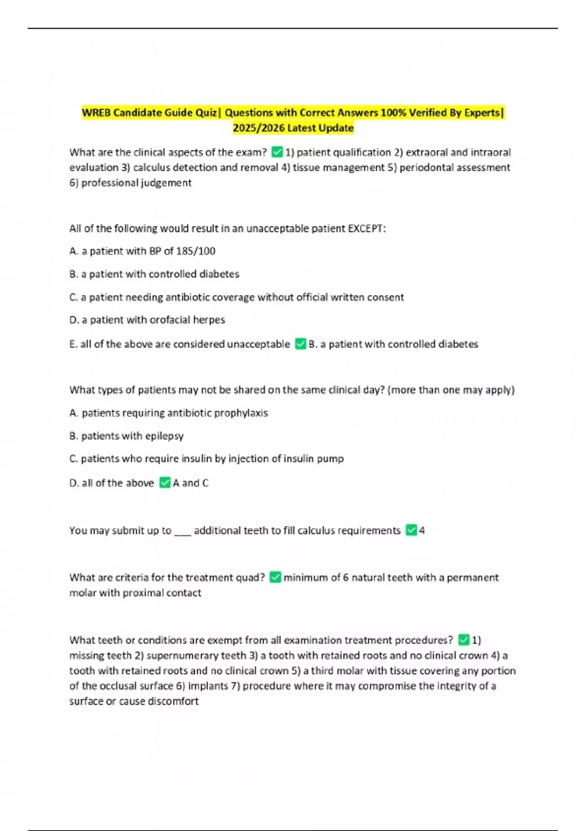 WREB Candidate Guide Quiz| Questions with Correct Answers 100% Verified ...
