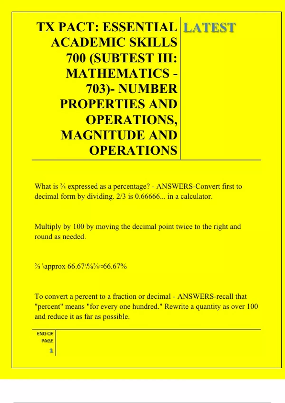 TX PACT: ESSENTIAL ACADEMIC SKILLS 700 (SUBTEST III: MATHEMATICS - 703 ...
