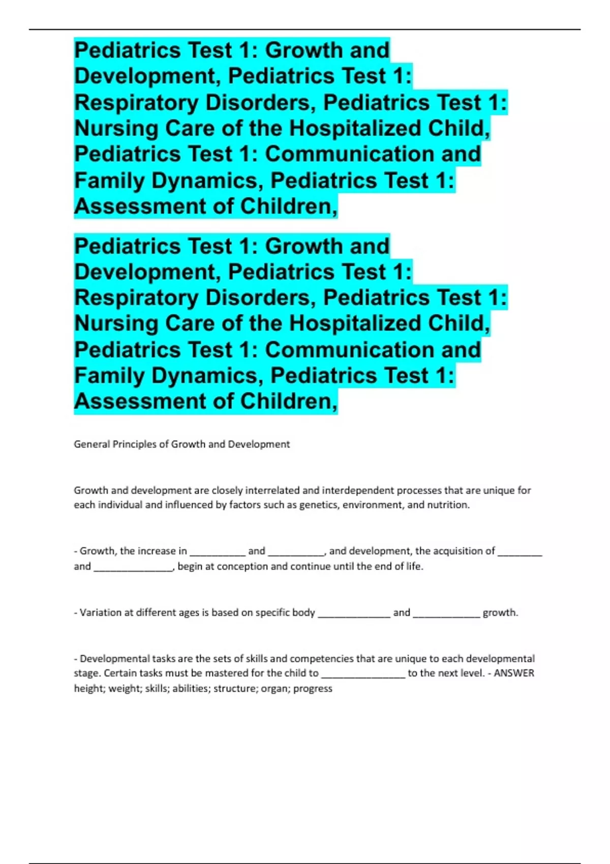 Pediatrics Test 1: Growth and Development, Pediatrics Test 1 ...