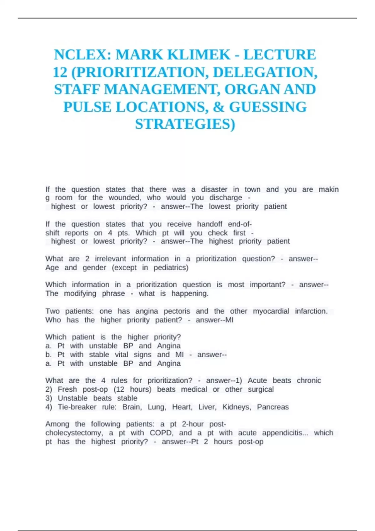 NCLEX: MARK KLIMEK - LECTURE 12 (PRIORITIZATION, DELEGATION, STAFF ...