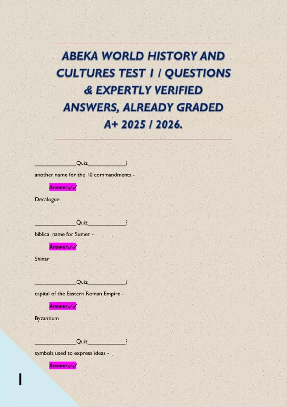 ABEKA WORLD HISTORY AND CULTURES TEST 1 / QUESTIONS & EXPERTLY VERIFIED ...