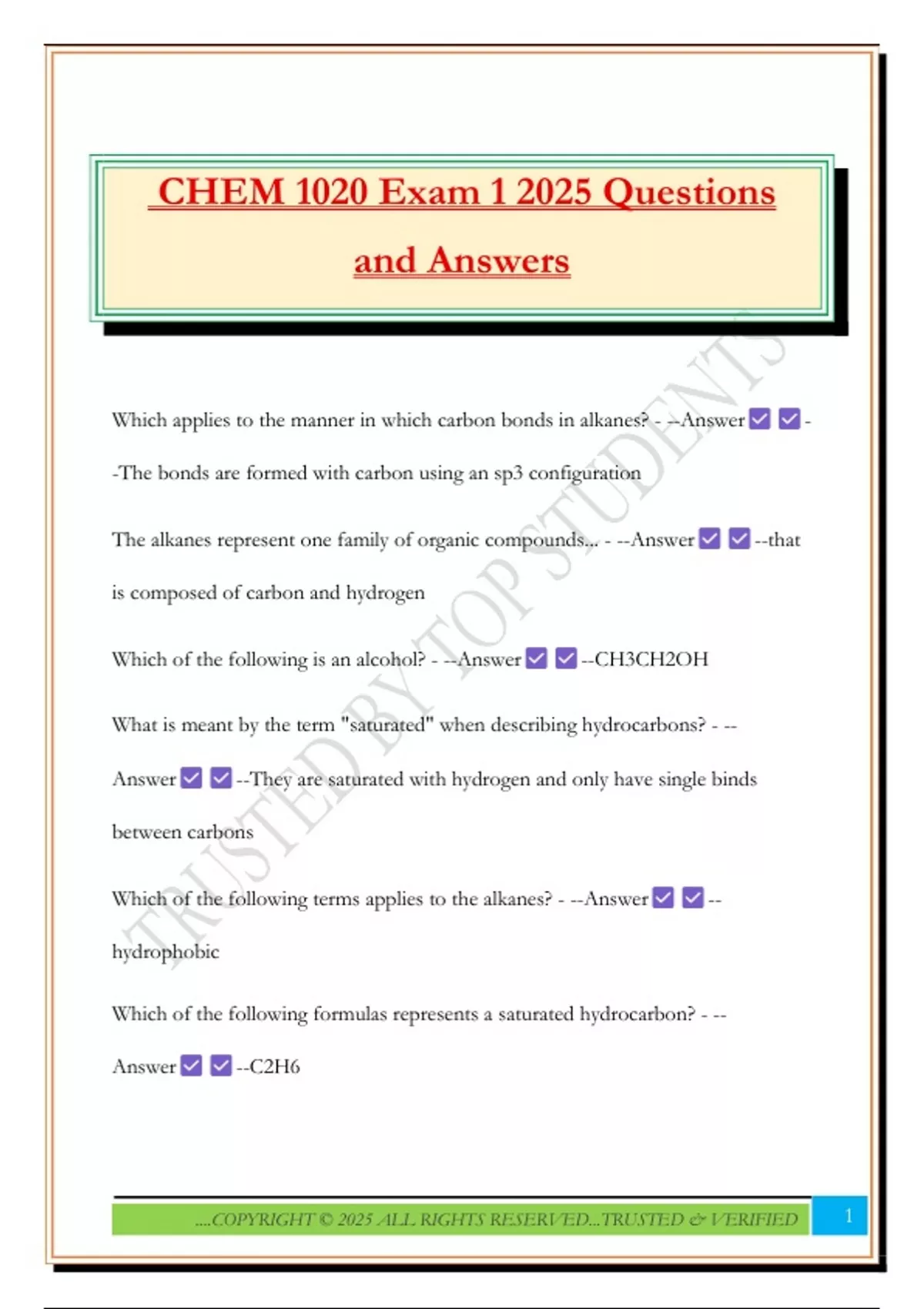 CHEM 1020 Exam 1 2025 Questions and Answers - Chem 1020 - Stuvia US