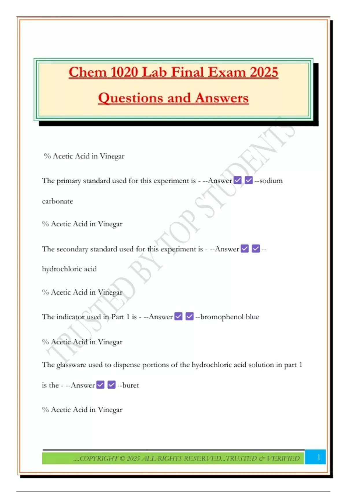 Chem 1020 Lab Final Exam 2025 Questions and Answers - Chem 1020 - Stuvia US