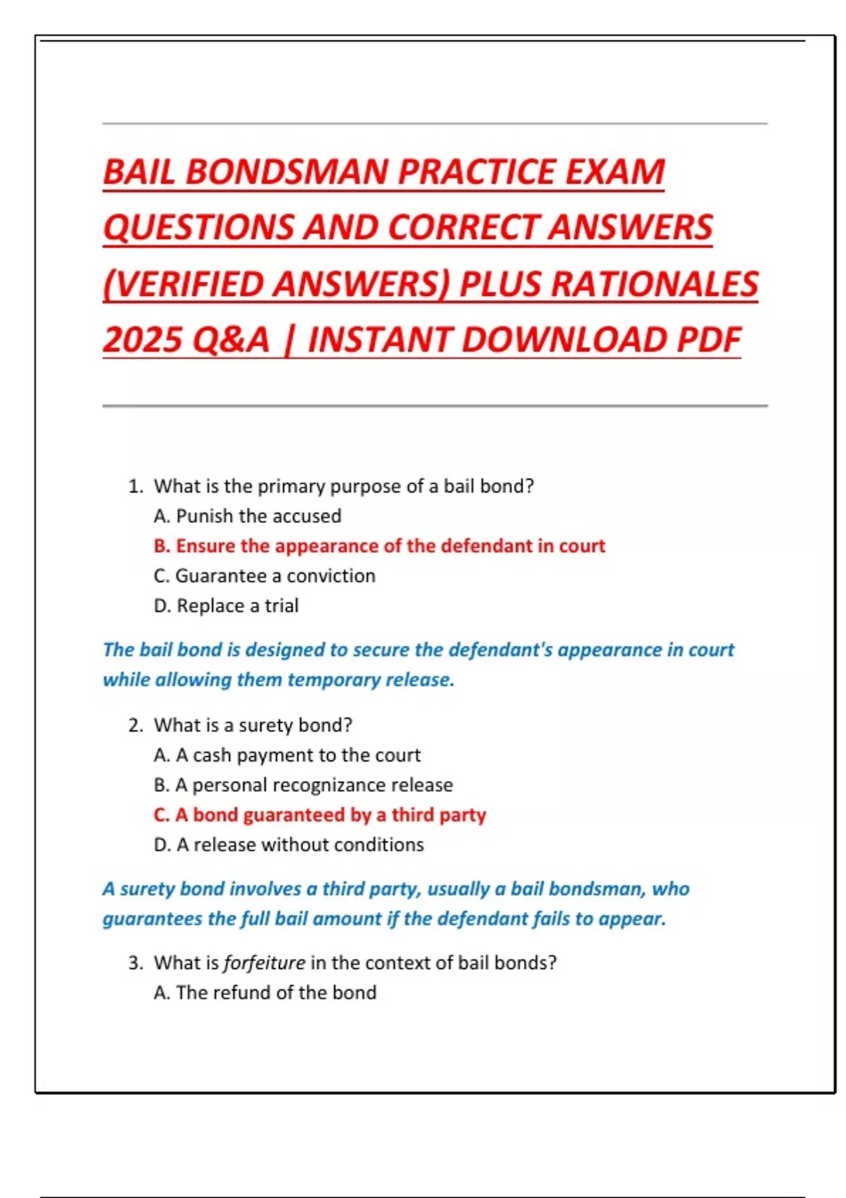 BAIL BONDSMAN PRACTICE EXAM QUESTIONS AND CORRECT ANSWERS (VERIFIED ...