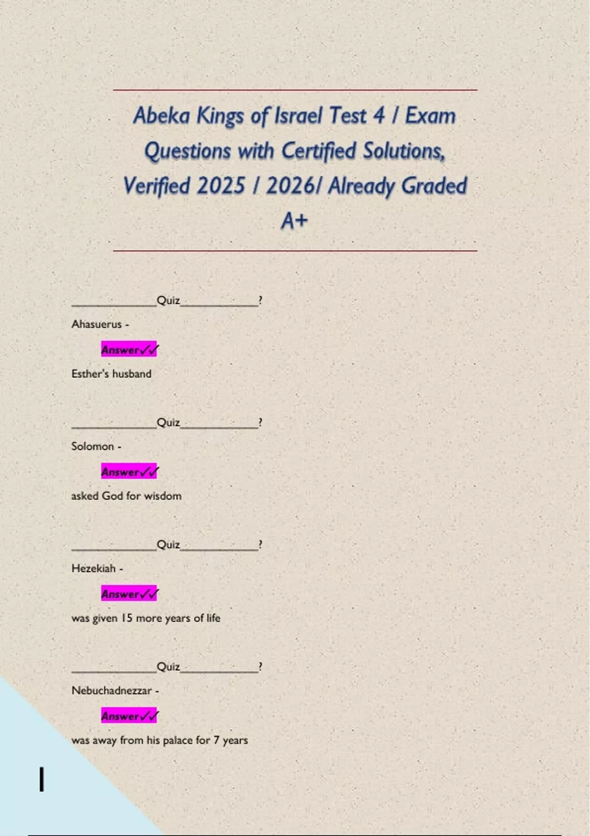 Abeka Kings of Israel Test 4 / Exam Questions with Certified Solutions ...