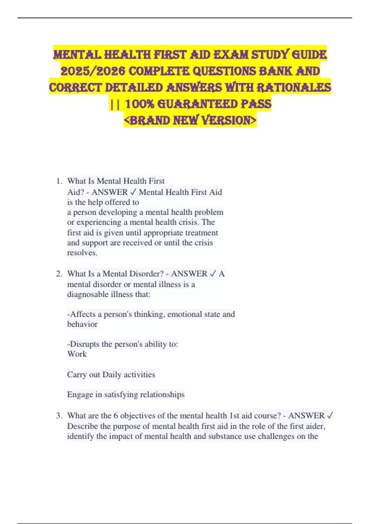 Mental Health First Aid EXAM STUDY GUIDE 2025/2026 COMPLETE QUESTIONS ...