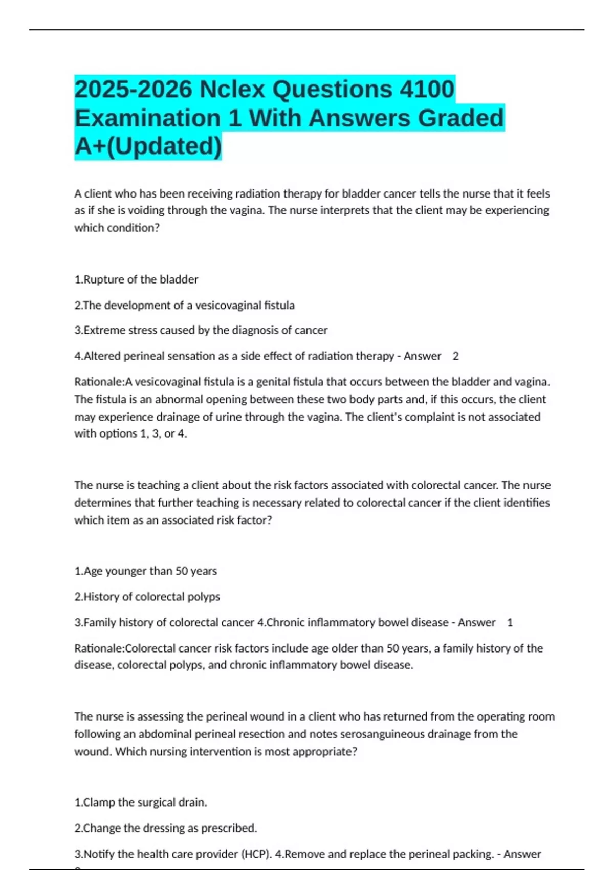Nclex Questions 4100 Examination 1 With Answers Graded A+(Updated ...