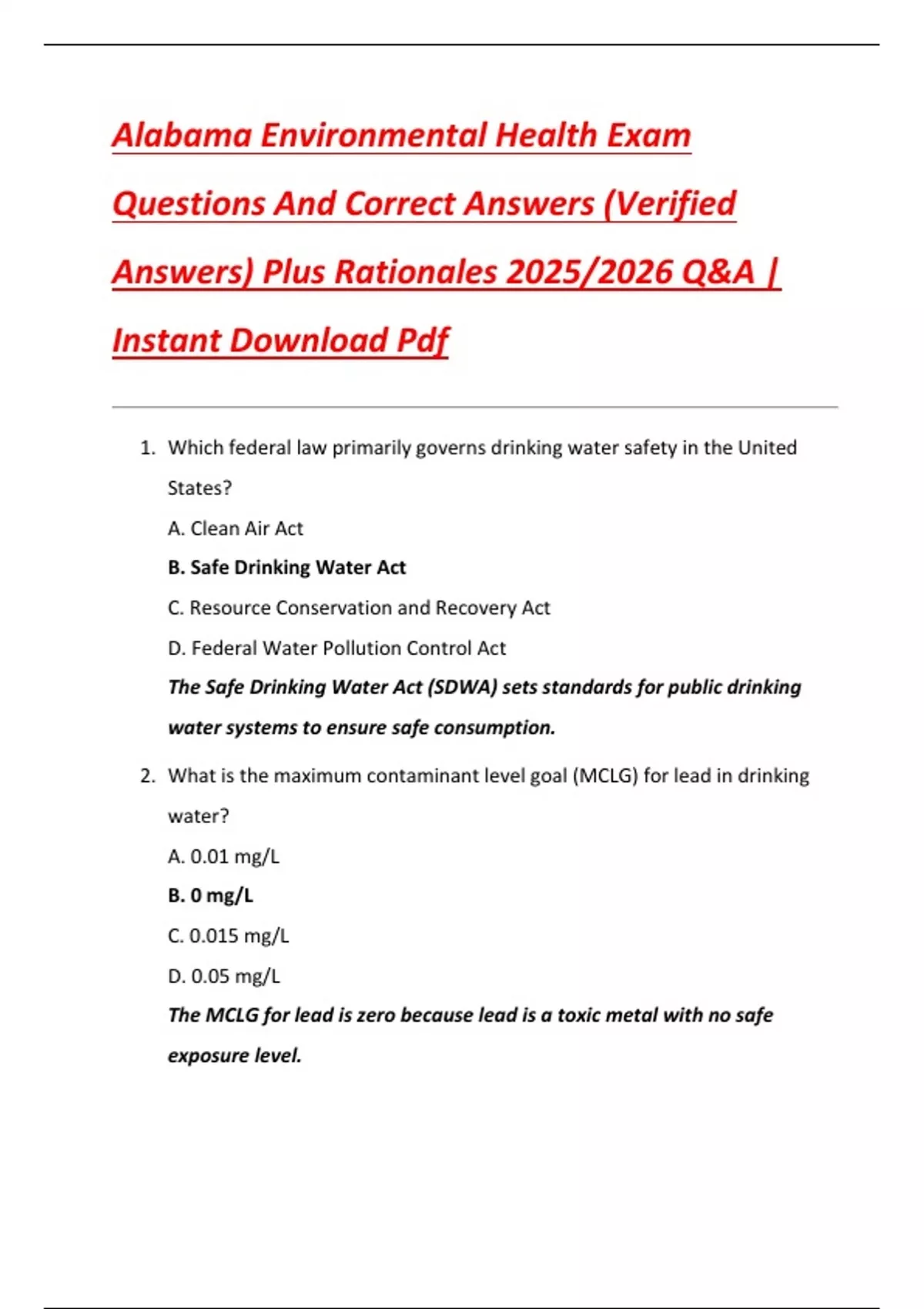 Alabama Environmental Health Exam Questions And Correct Answers ...
