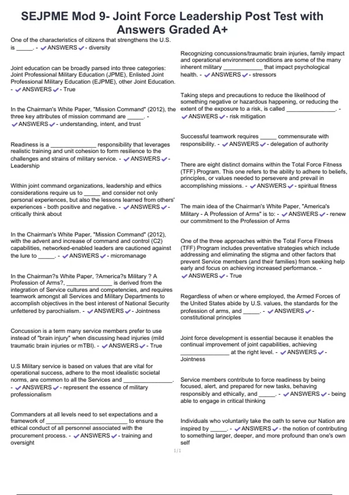 SEJPME Mod 9- Joint Force Leadership Post Test with Answers Graded A+ ...