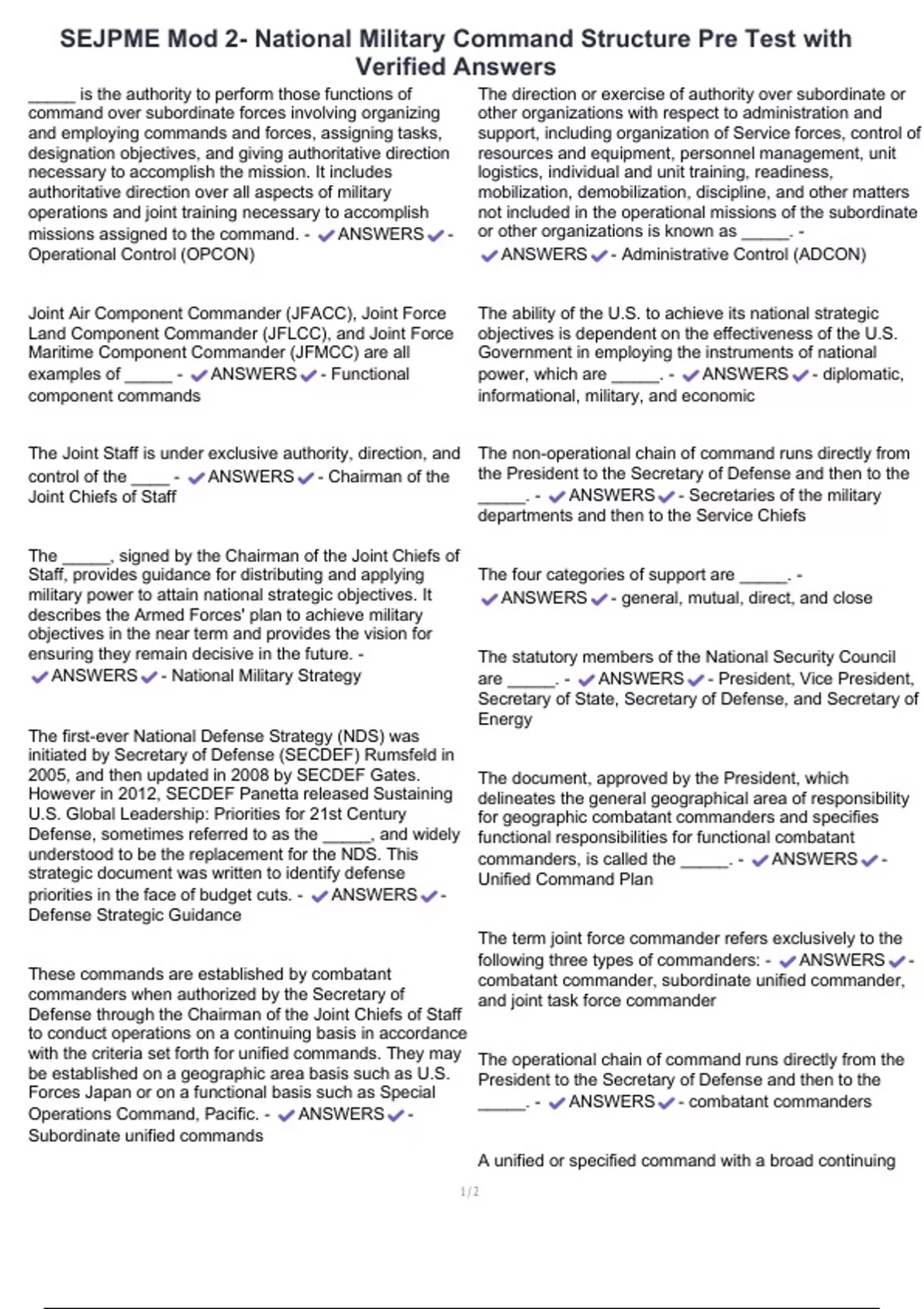 SEJPME Mod 2- National Military Command Structure Pre Test with ...