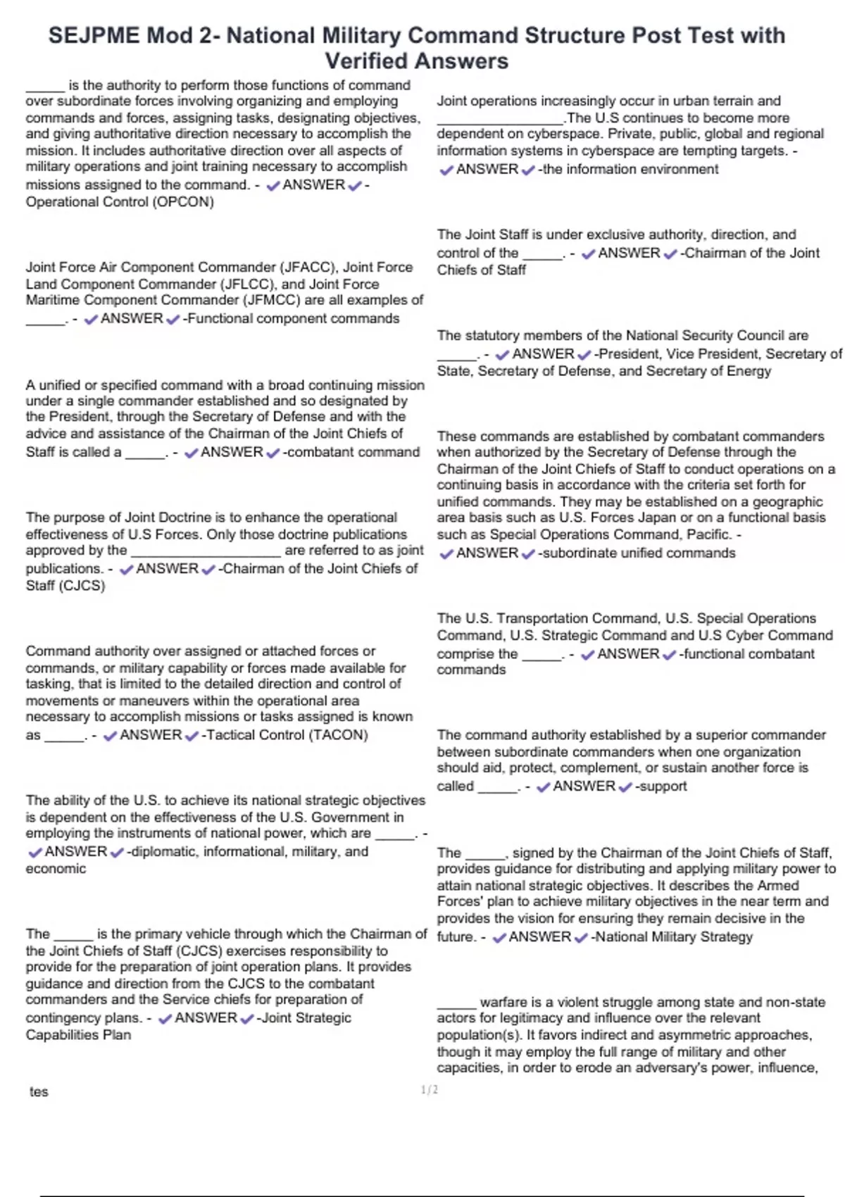 SEJPME Mod 2- National Military Command Structure Post Test with ...