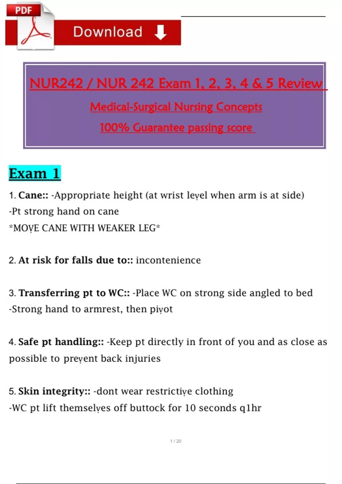 NUR242 / NUR 242 Med-Surg Exam 1, 2, 3, 4 & 5 Review (Latest 2025 / ...