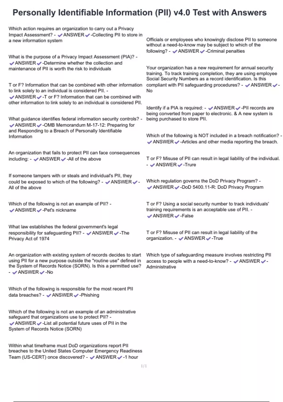 Personally Identifiable Information (PII) v4.0 Test with Answers ...