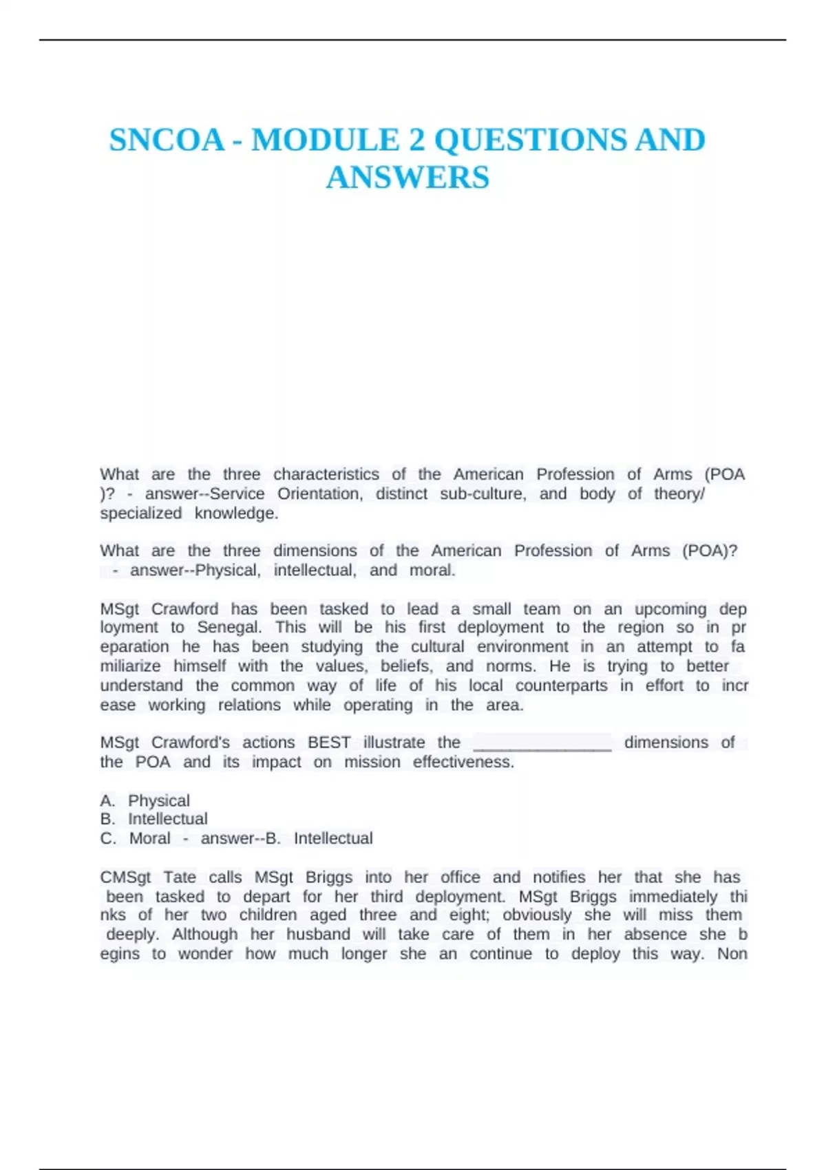 SNCOA - MODULE 2 QUESTIONS AND ANSWERS - SNCOA - Stuvia US