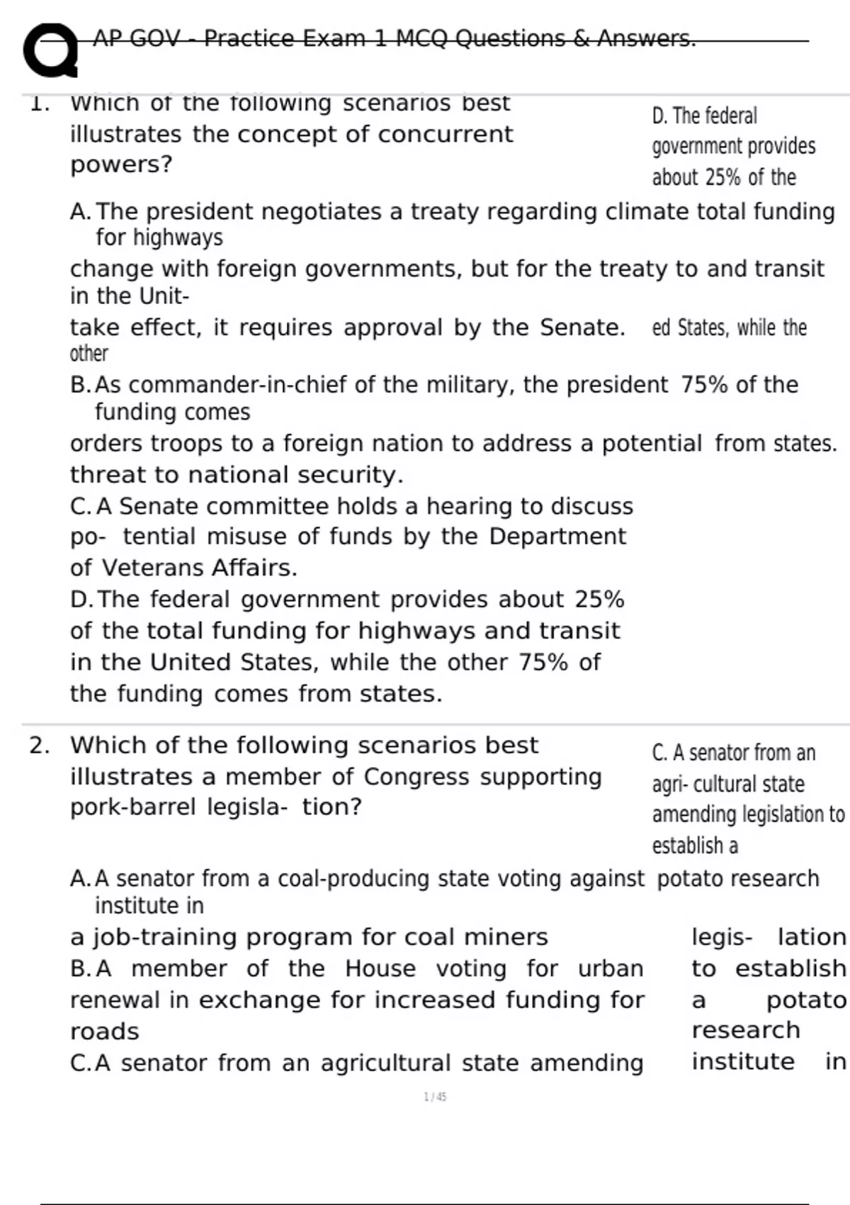 AP GOV - Practice Exam 1 MCQ Questions & Answers. - MCQ - Stuvia US