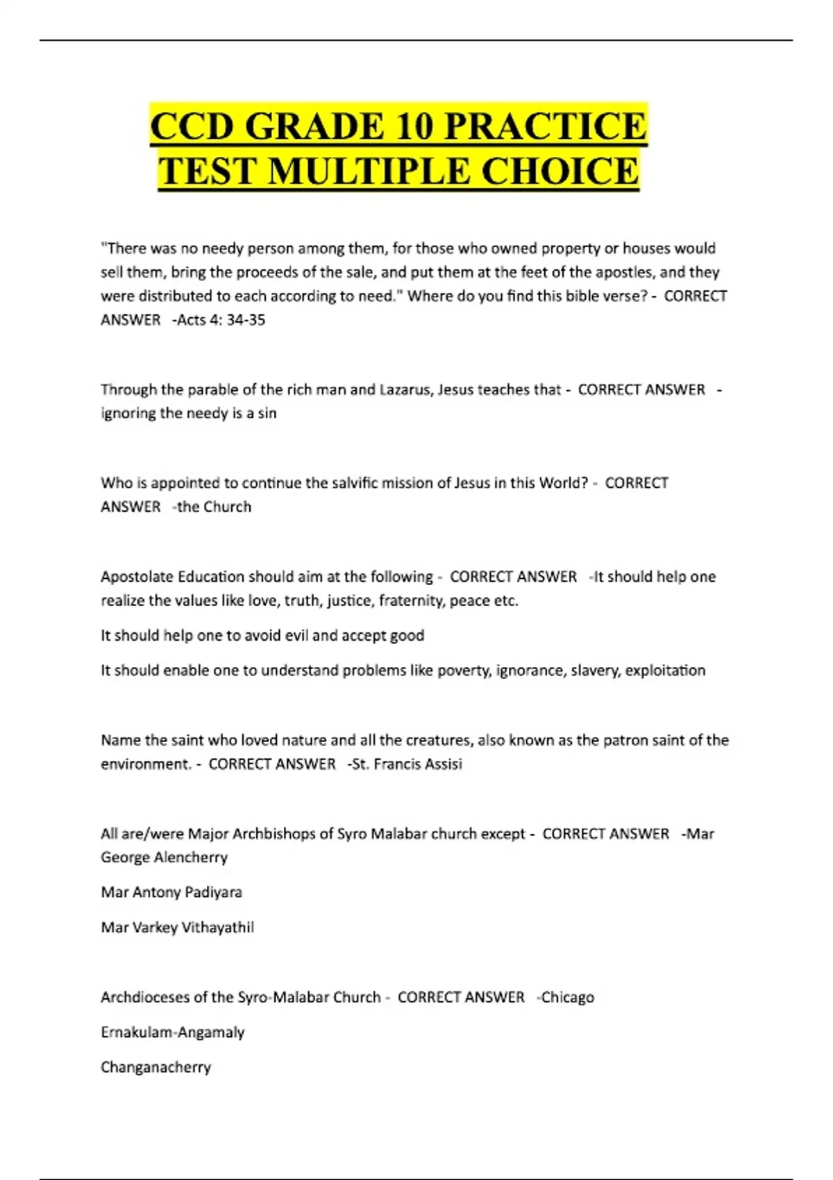 CCD GRADE 10 PRACTICE TEST MULTIPLE CHOICE - CCD - Stuvia US