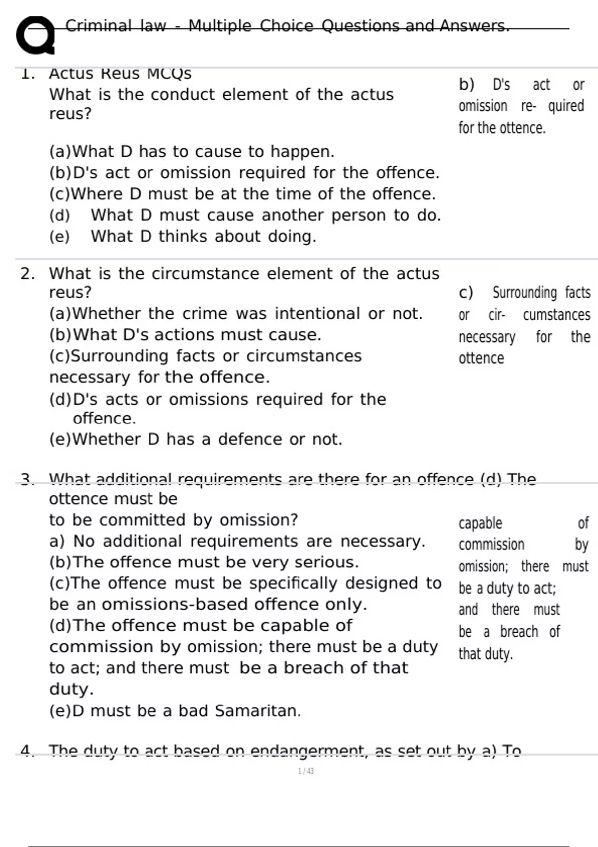 Criminal law - Multiple Choice Questions and Answers. - MCQ - Stuvia UK