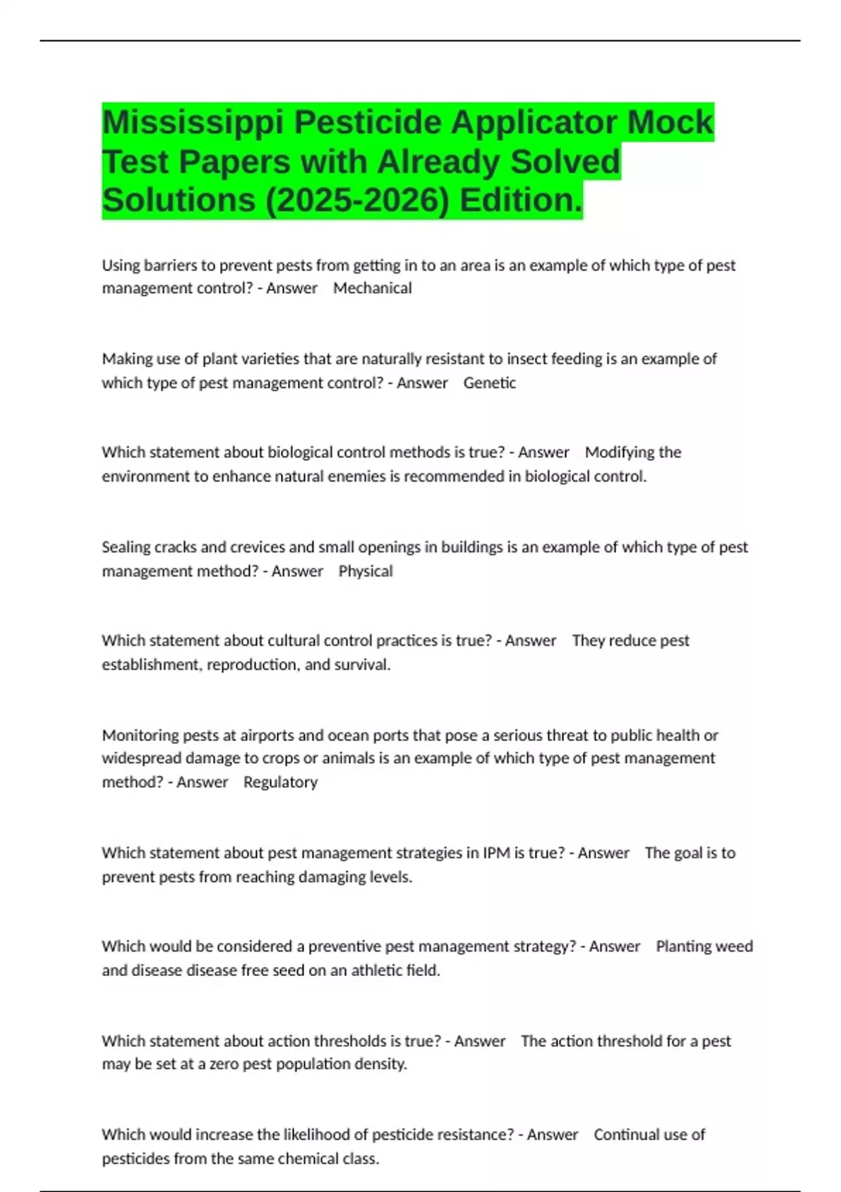 Mississippi Pesticide Applicator Mock Test Papers with Already Solved ...