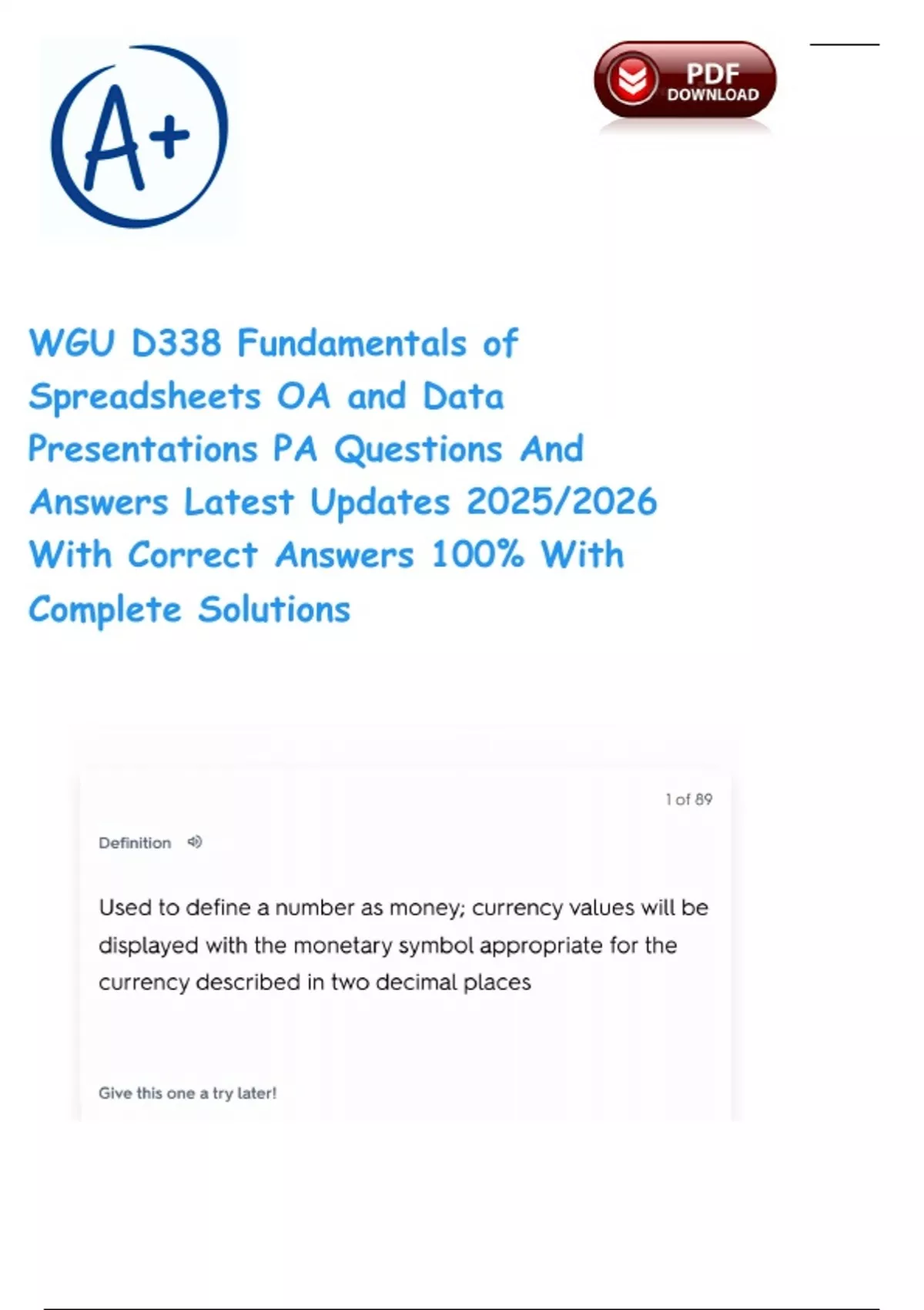 WGU D338 Fundamentals of Spreadsheets OA and Data Presentations PA ...