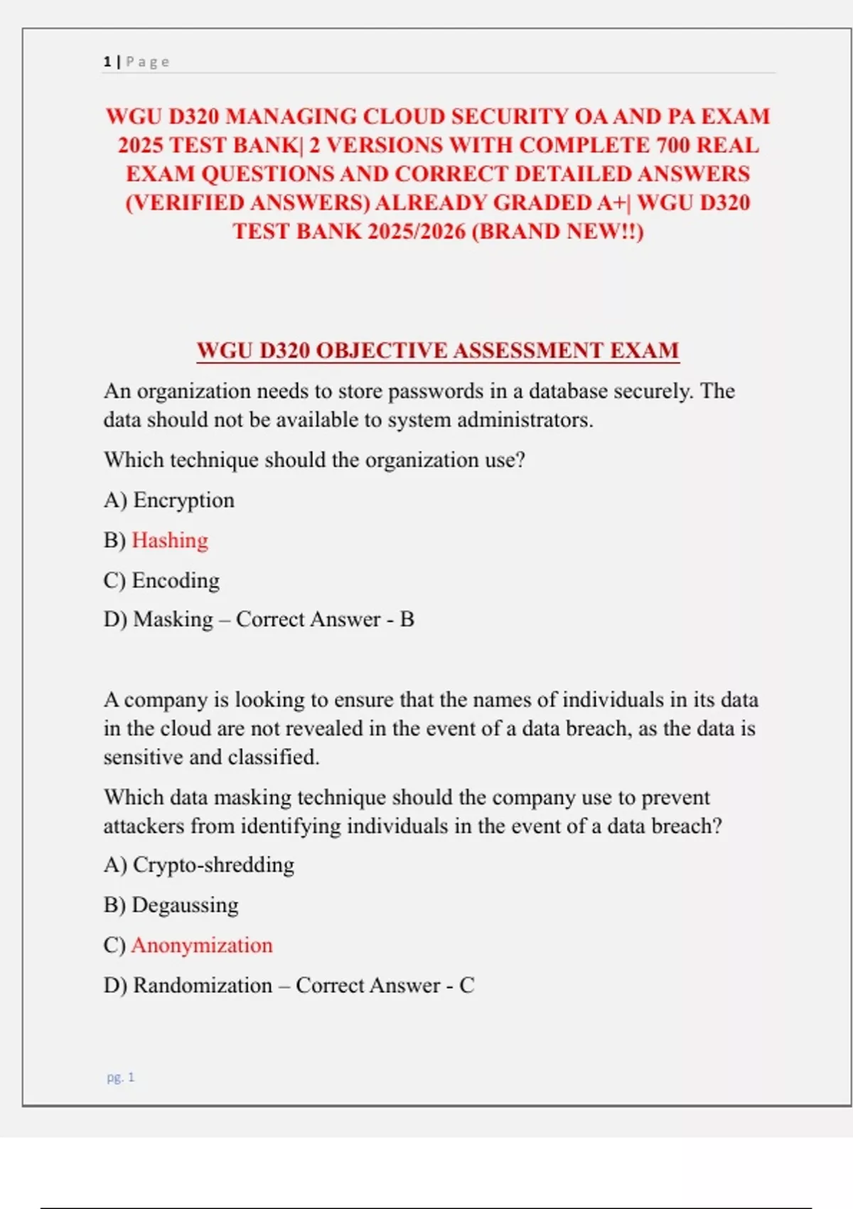 WGU D320 MANAGING CLOUD SECURITY OA AND PA EXAM 2025 TEST BANK| 2 ...