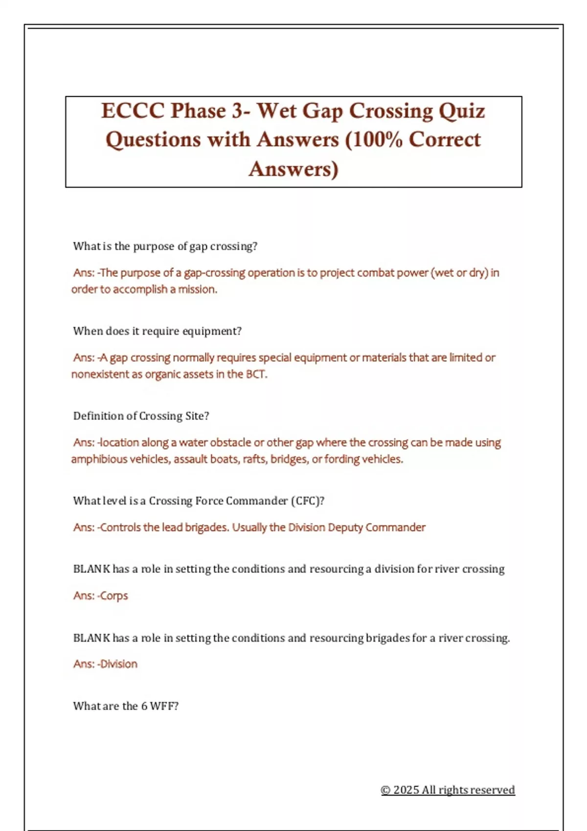 ECCC Phase 3- Wet Gap Crossing Quiz Questions with Answers (100% ...
