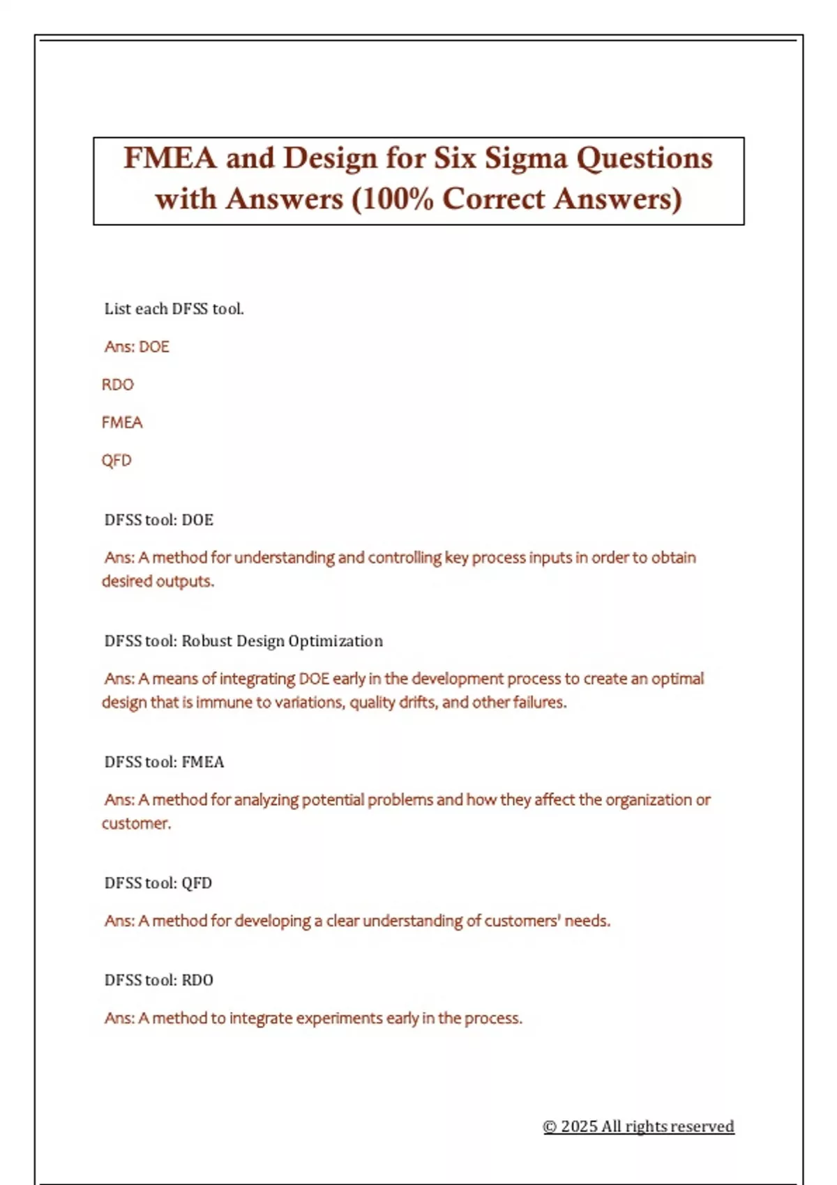 FMEA and Design for Six Sigma Questions with Answers (100% Correct ...