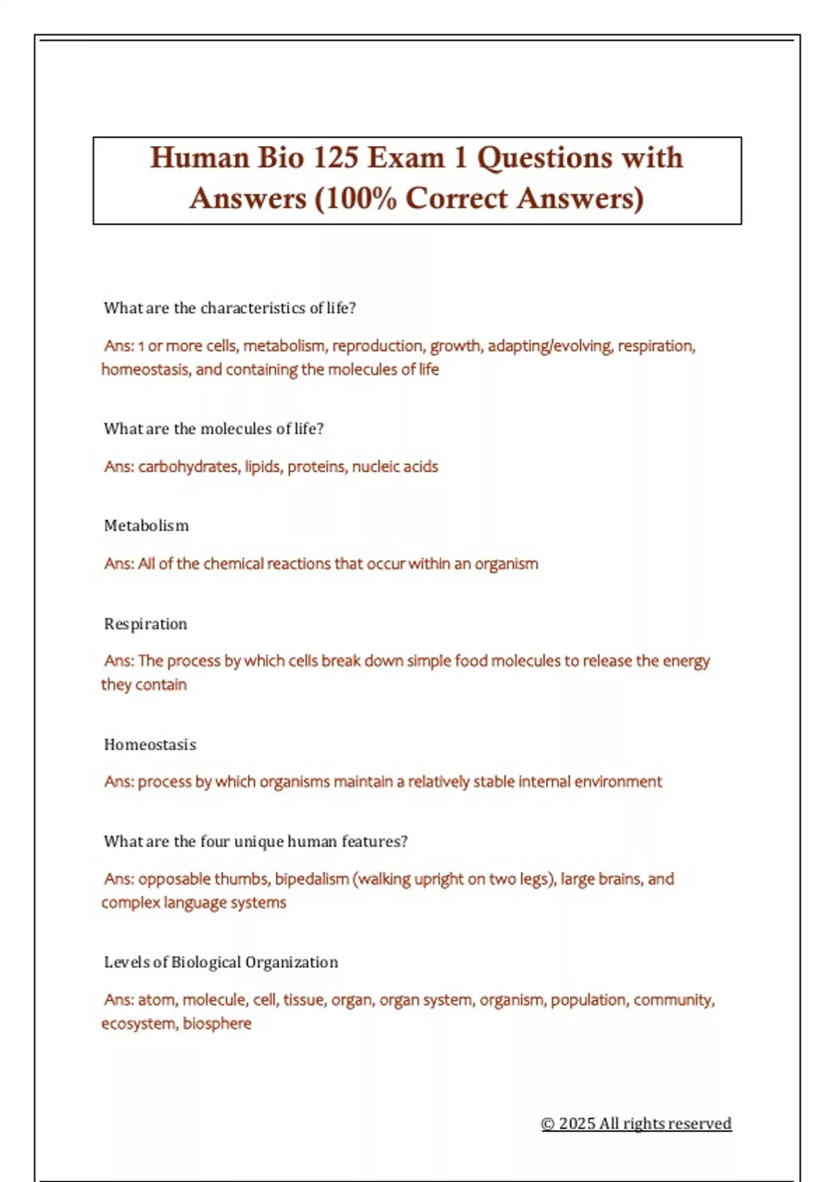 Human Bio 125 Exam 1 Questions with Answers (100% Correct Answers ...