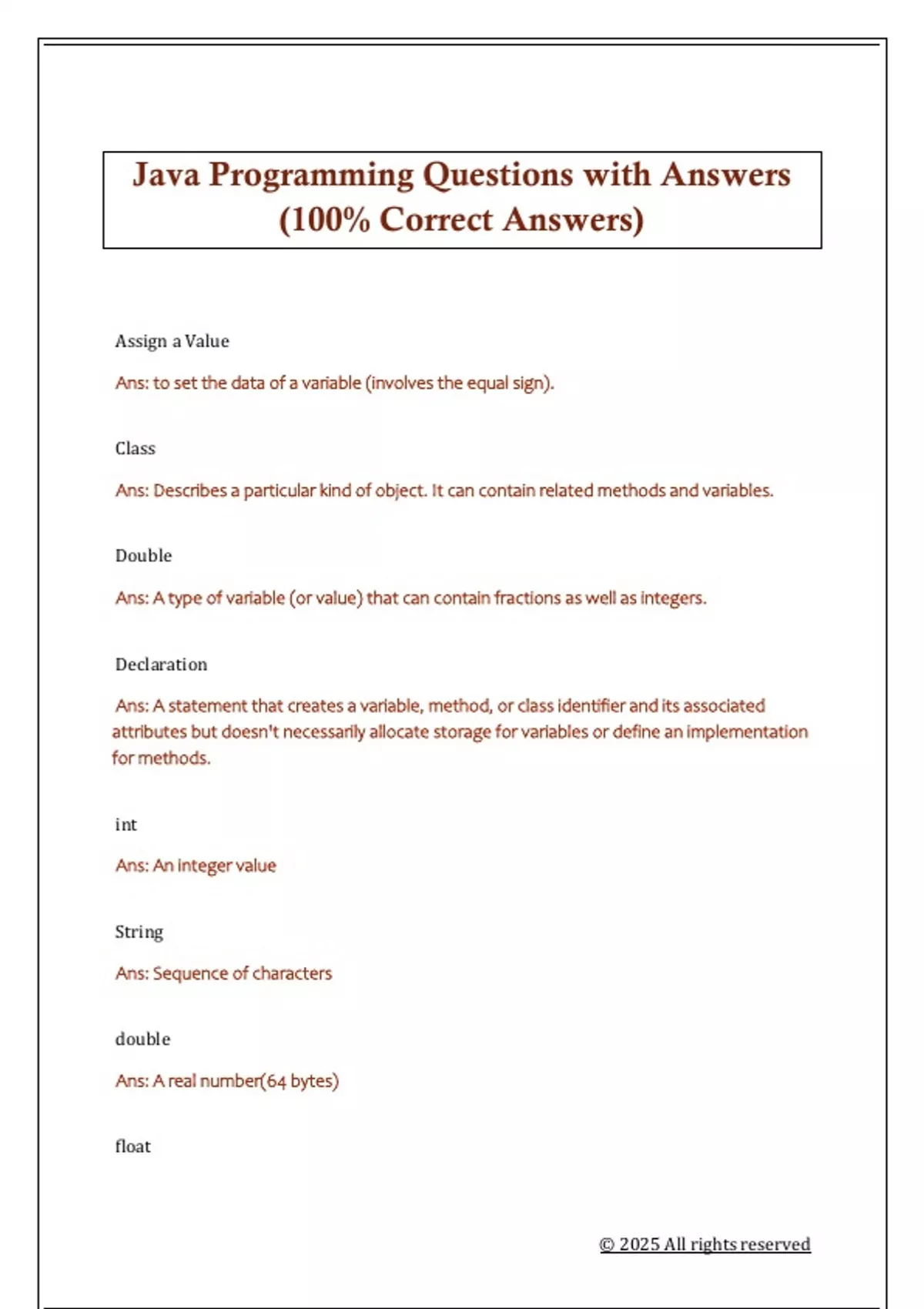 Java Programming Questions with Answers (100% Correct Answers) - JAVA Programming - Stuvia US