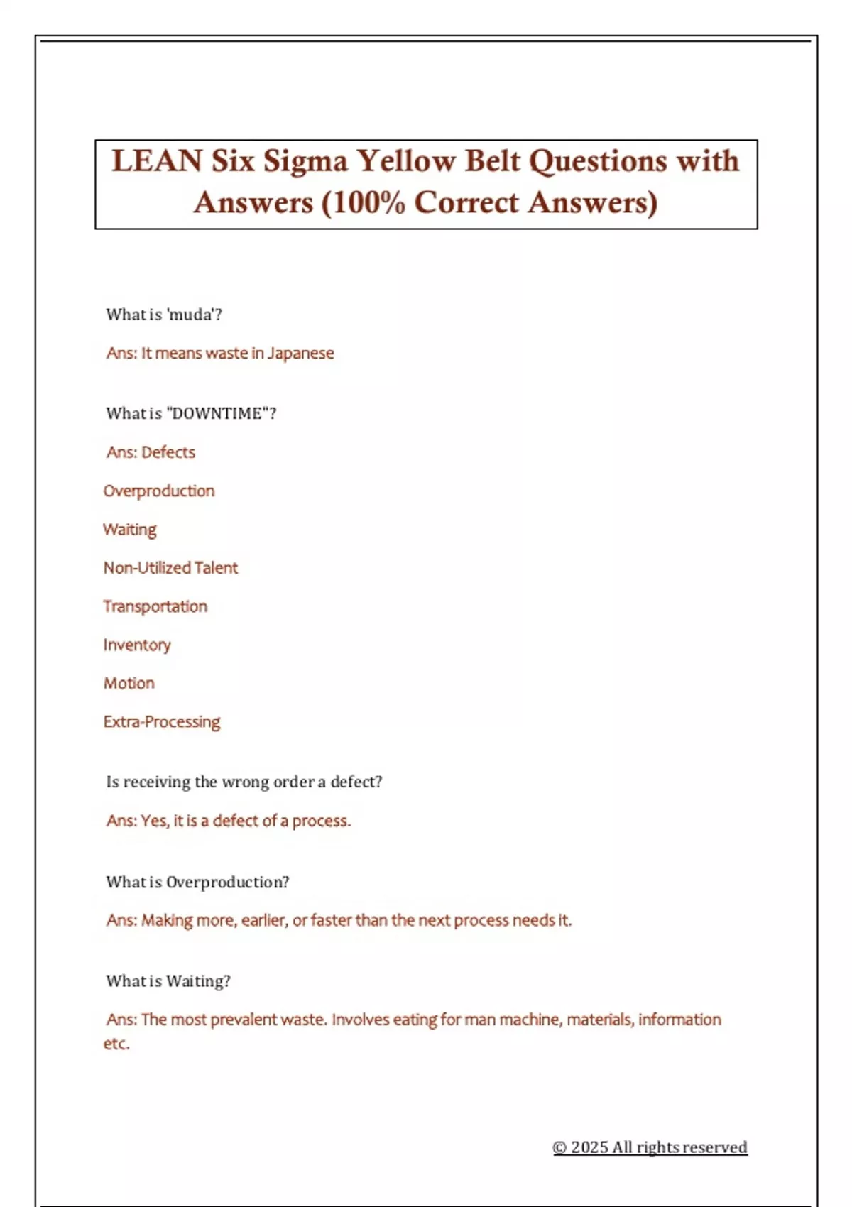 LEAN Six Sigma Yellow Belt Questions with Answers (100% Correct Answers ...
