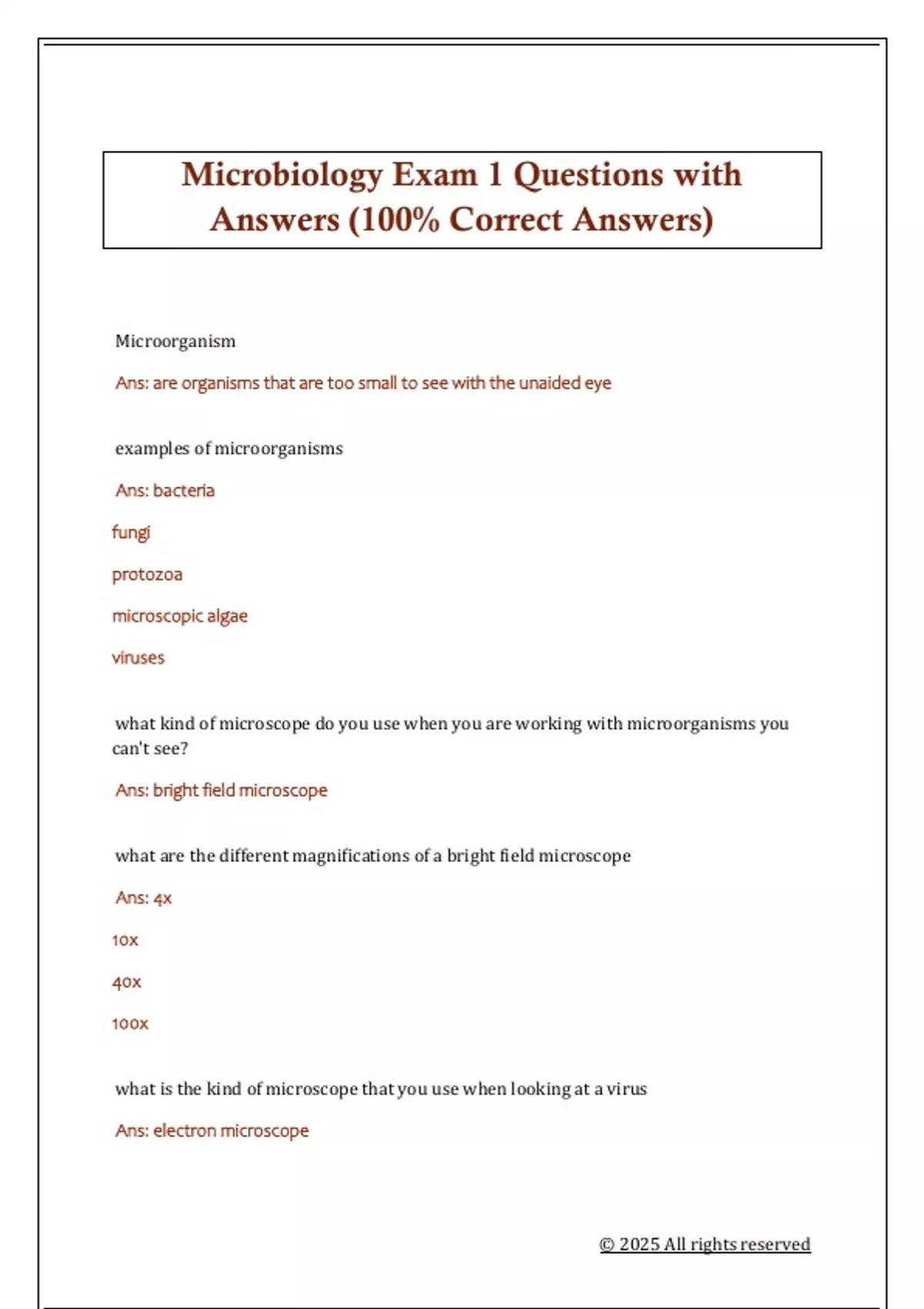 Microbiology Exam 1 Questions with Answers (100% Correct Answers ...