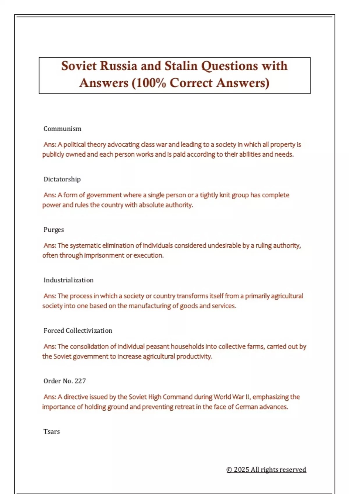 Soviet Russia and Stalin Questions with Answers (100% Correct Answers ...