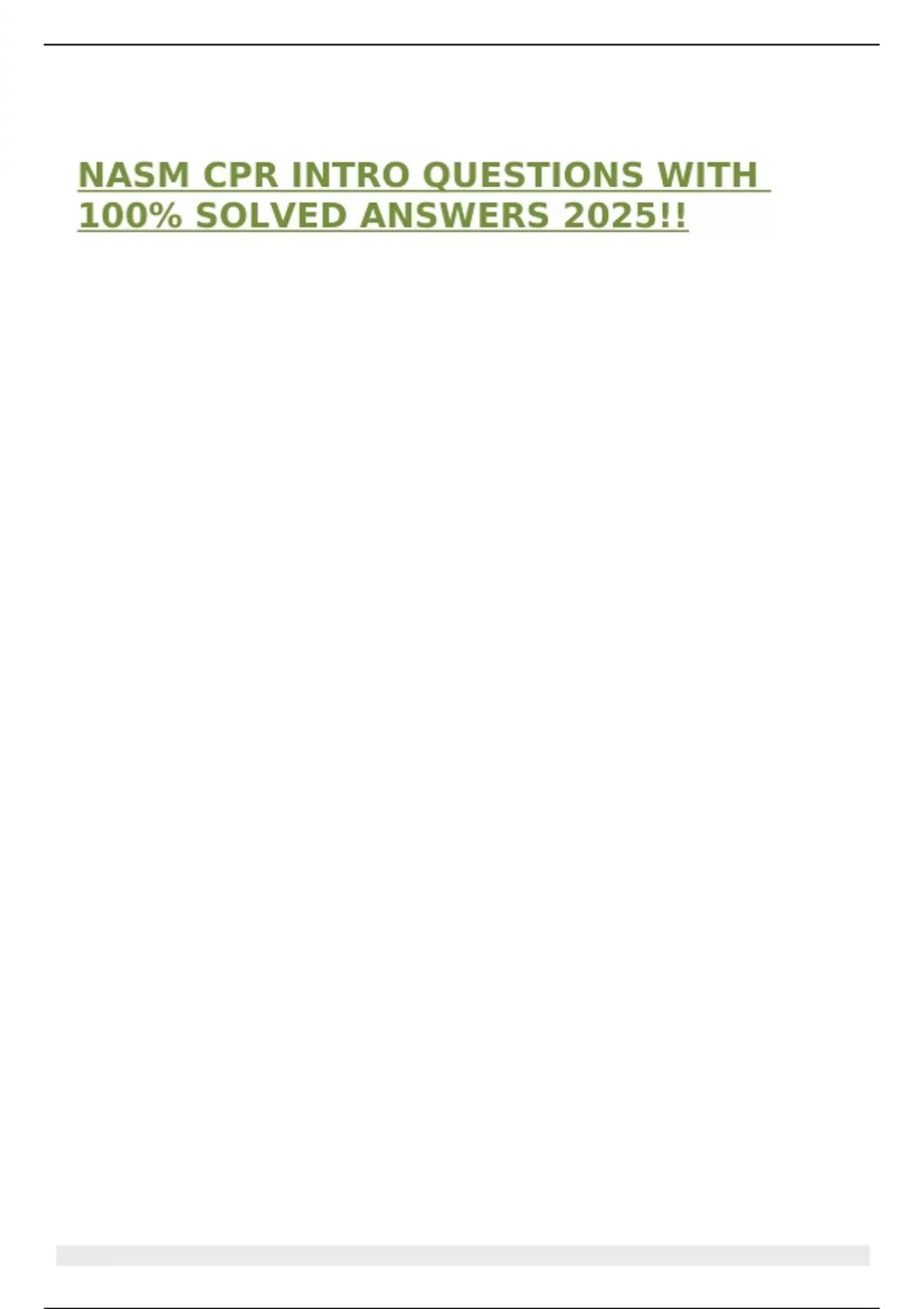 NASM CPR INTRO QUESTIONS WITH 100% SOLVED ANSWERS 2025!! - NASM CPR ...