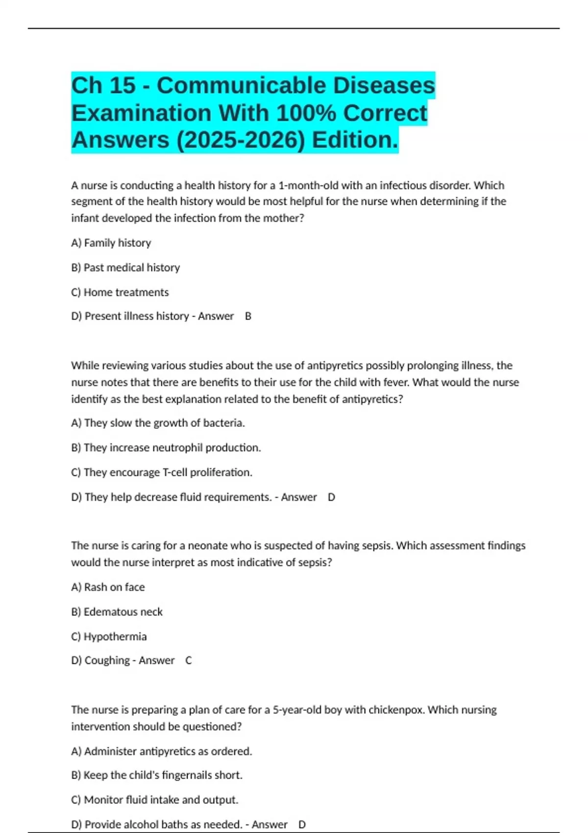 Ch 15 - Communicable Diseases Examination With 100% Correct Answers ...