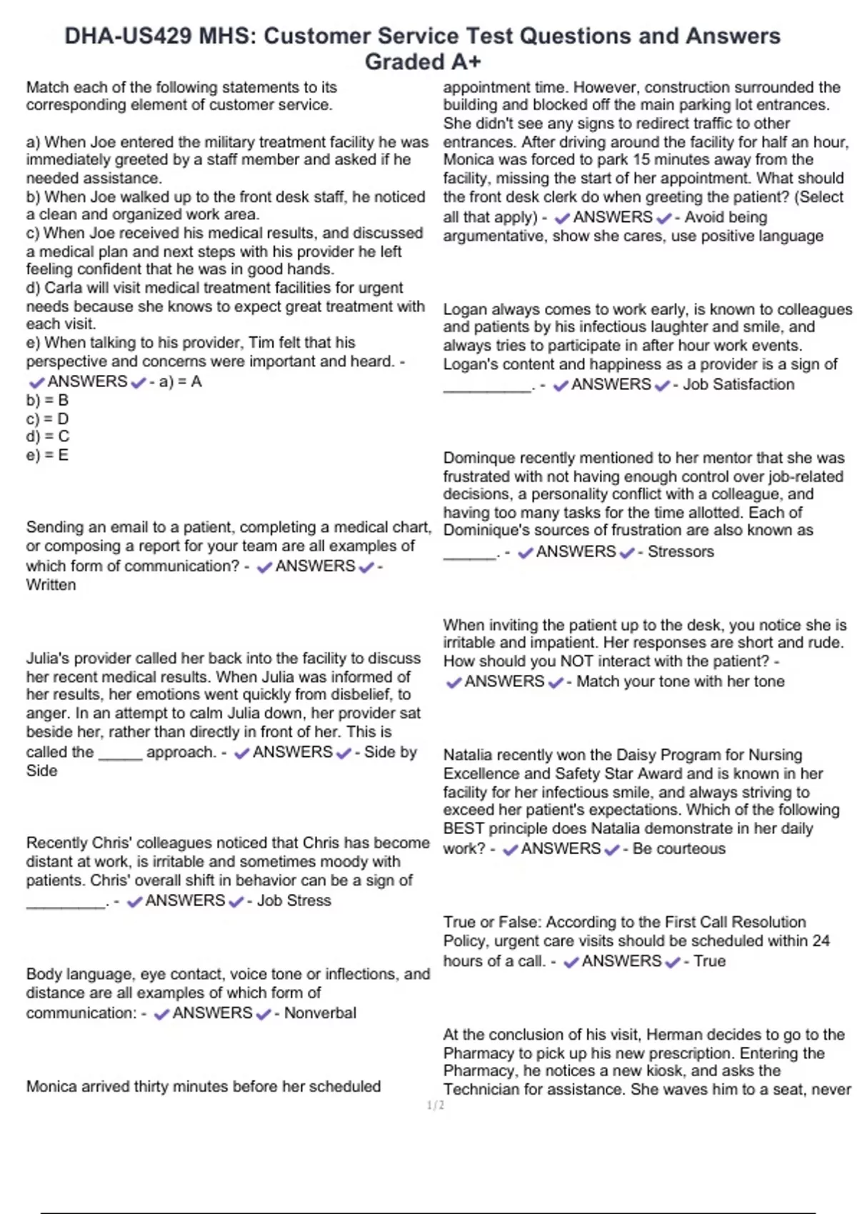 DHA-US429 MHS: Customer Service Test Questions and Answers Graded A+ ...