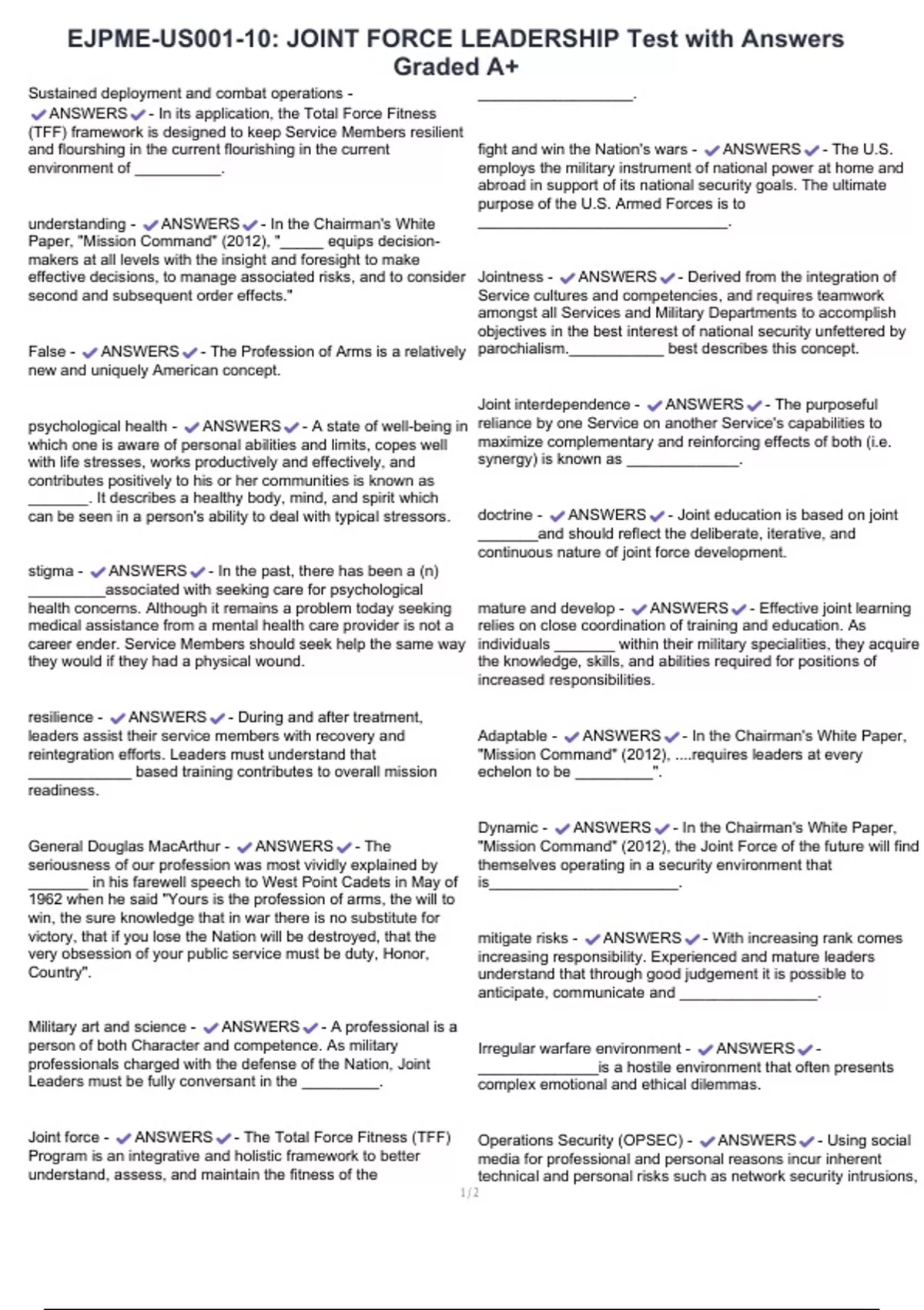 EJPME-US001-10: JOINT FORCE LEADERSHIP Test with Answers Graded A+ ...
