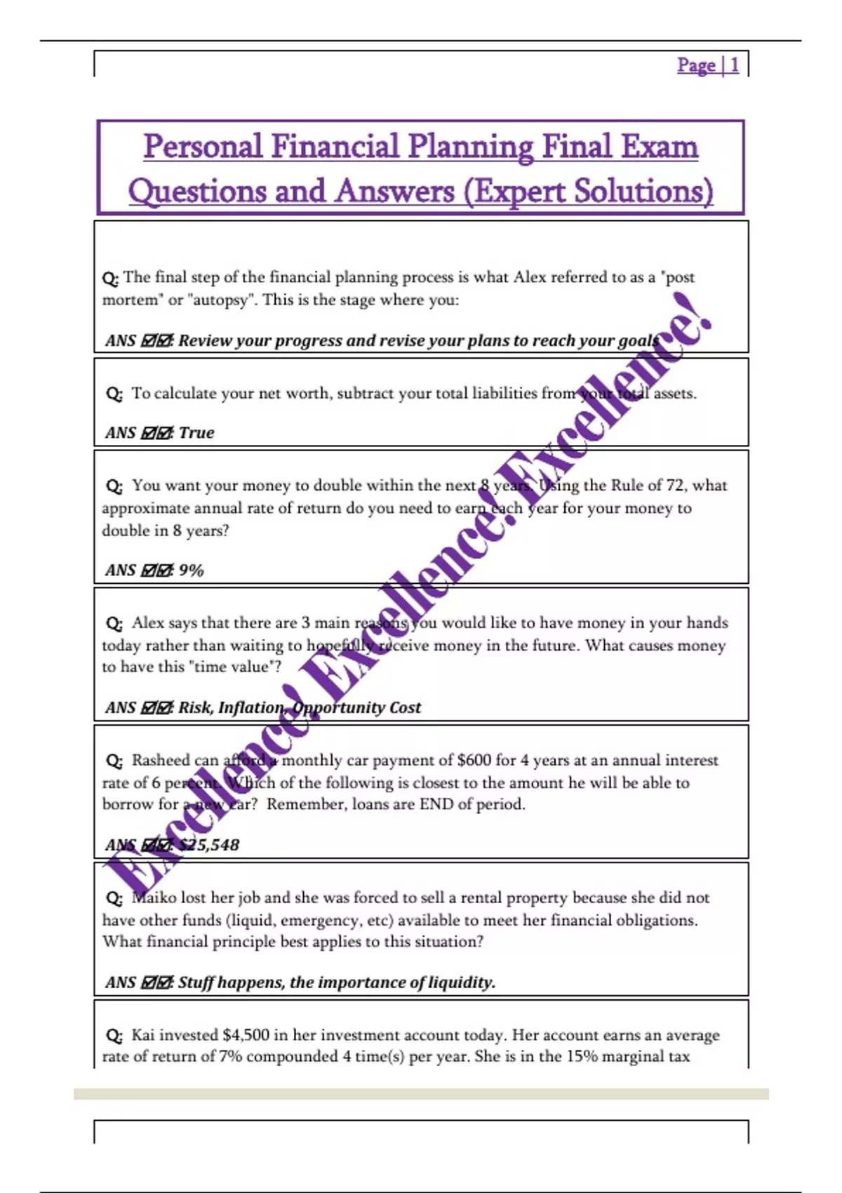 Personal Financial Planning Final Exam Questions and Answers (Expert ...